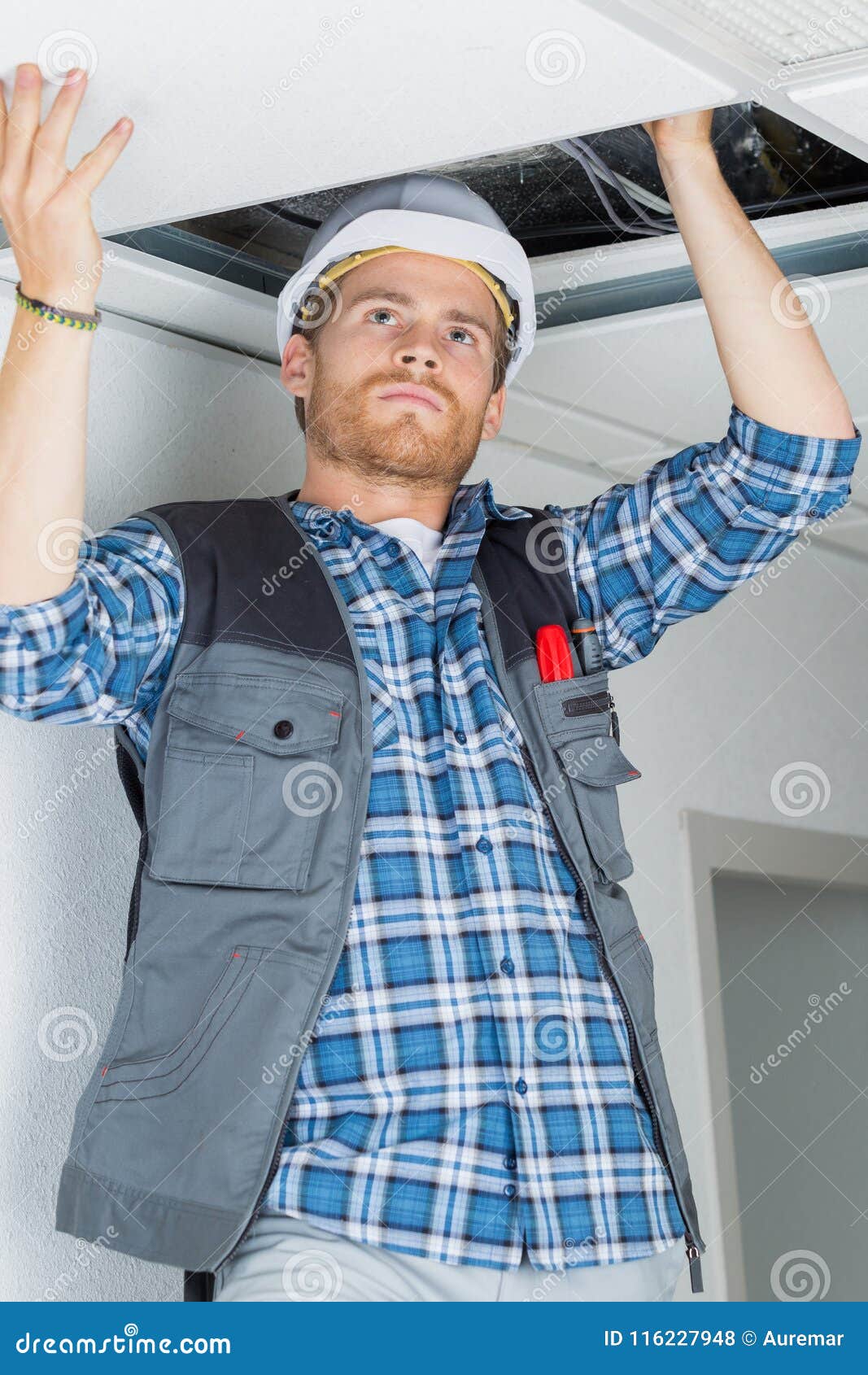 Electrical Worker Wiring in Ceiling Stock Photo - Image of reach ...