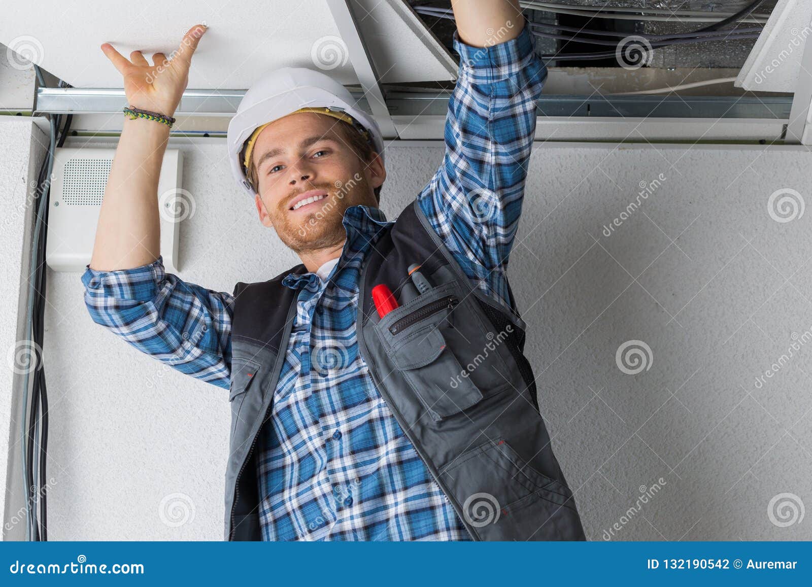 Electrical Worker Wiring in Ceiling Stock Photo - Image of apprentice ...