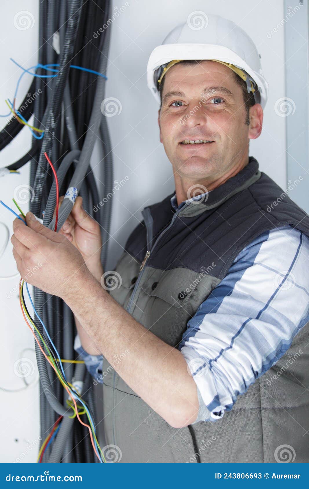 Electrical Worker Wiring in Modern Building Stock Image - Image of ...