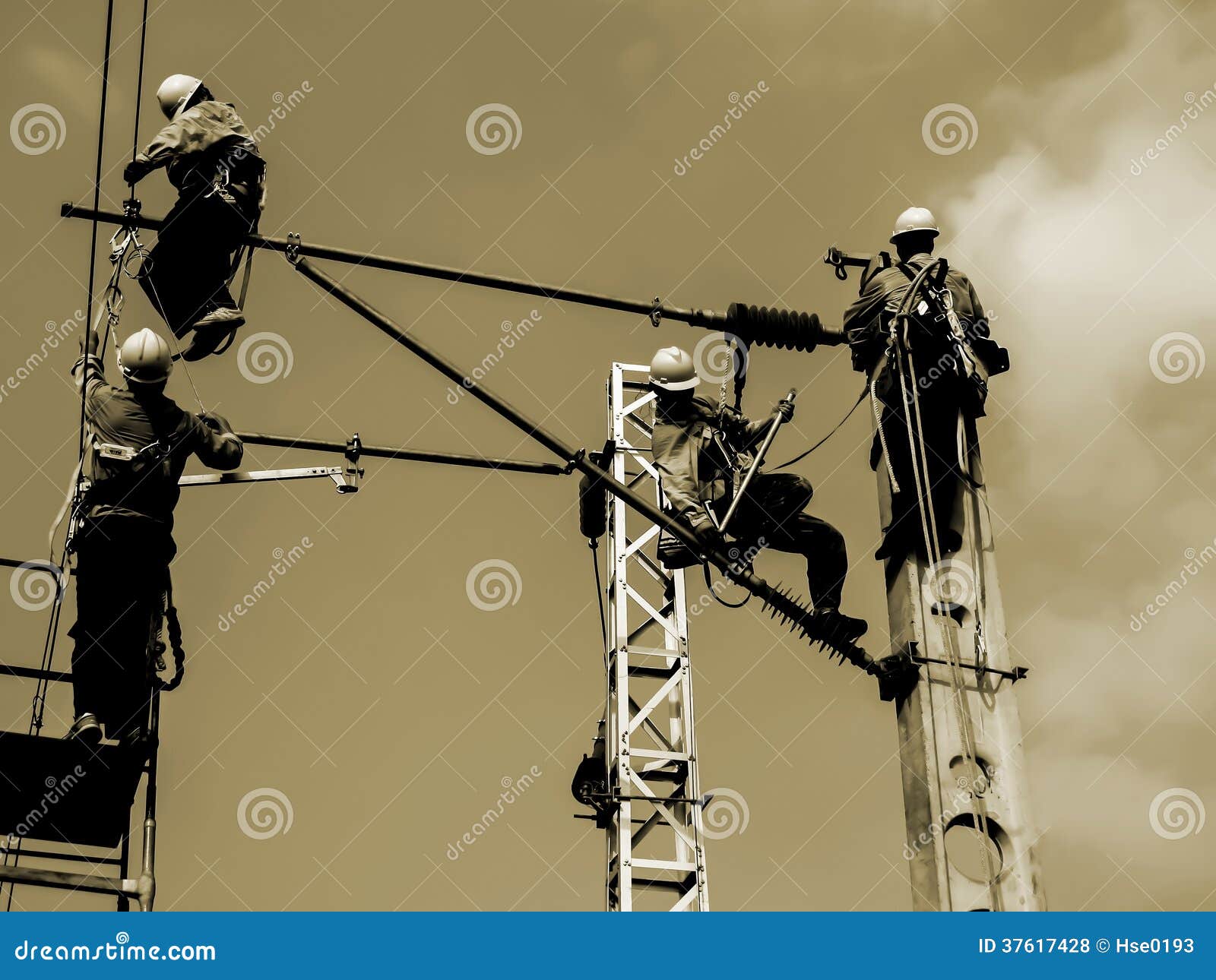 Electrical Workers on Overhead Line Stock Photo - Image of rail ...