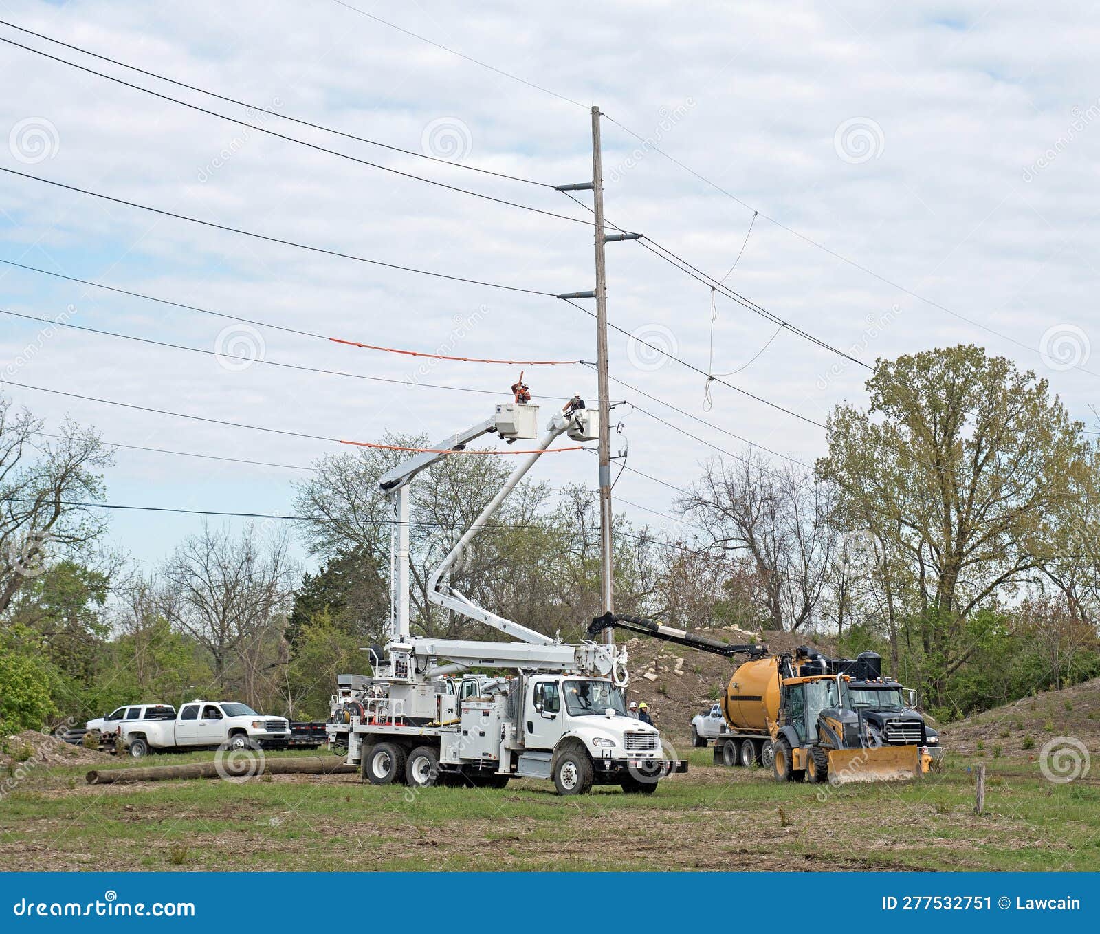 Electrical Workers Preparing To Replace 80 Foot Utility Pole Stock ...