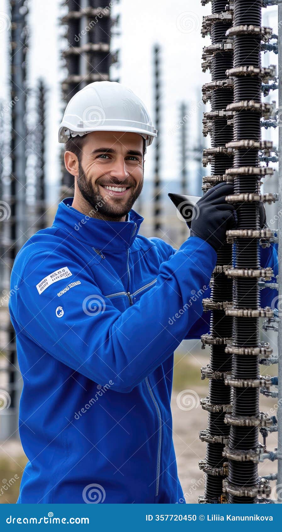 Electrician in Blue Uniform Performs an Electrical Safety Check Using a ...