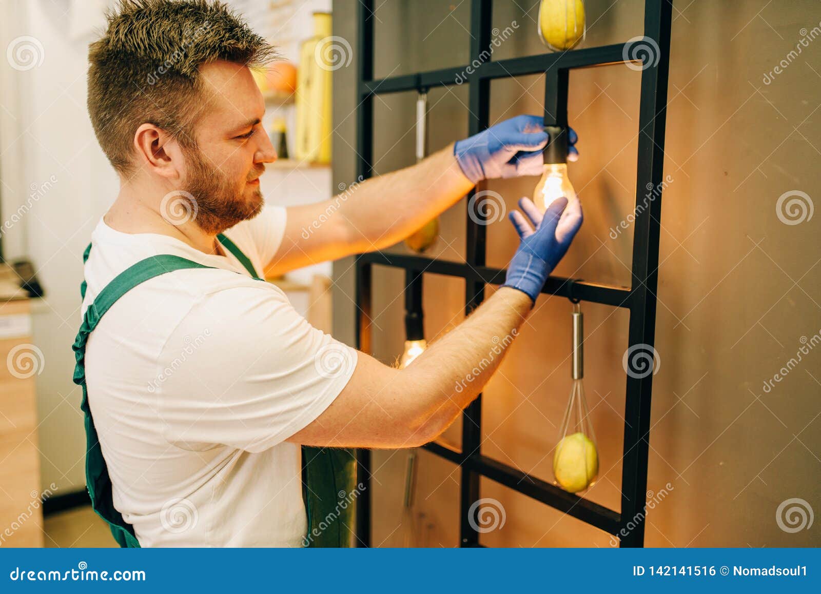 Electrician Changes the Light Bulb, Handyman Stock Photo - Image of ...