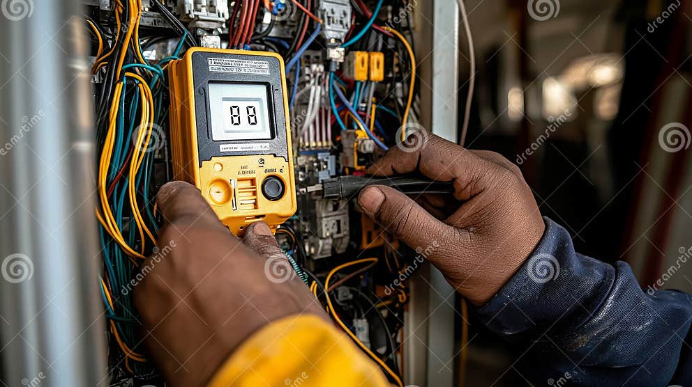 An Electrician Checks the Electrical Panel with a Multimeter. Stock ...