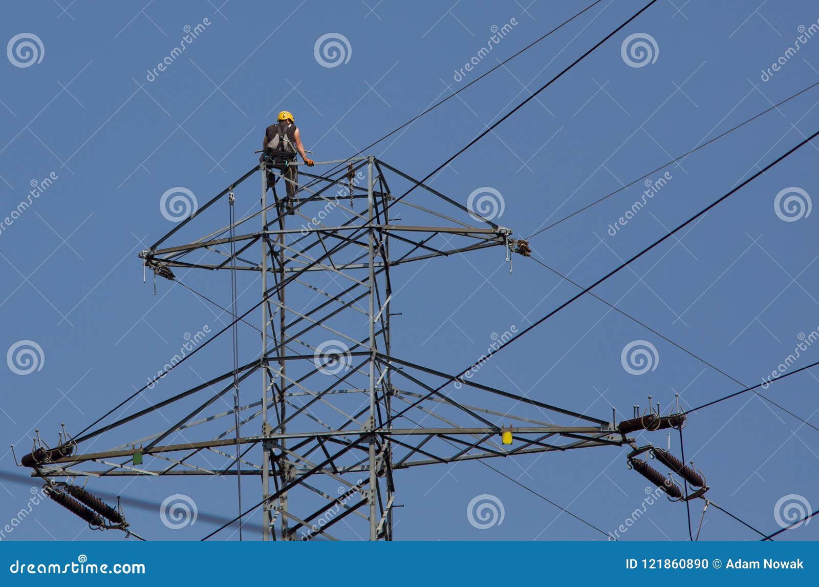 Electrician Climb High, Work on Electric Pole. Editorial Image - Image ...