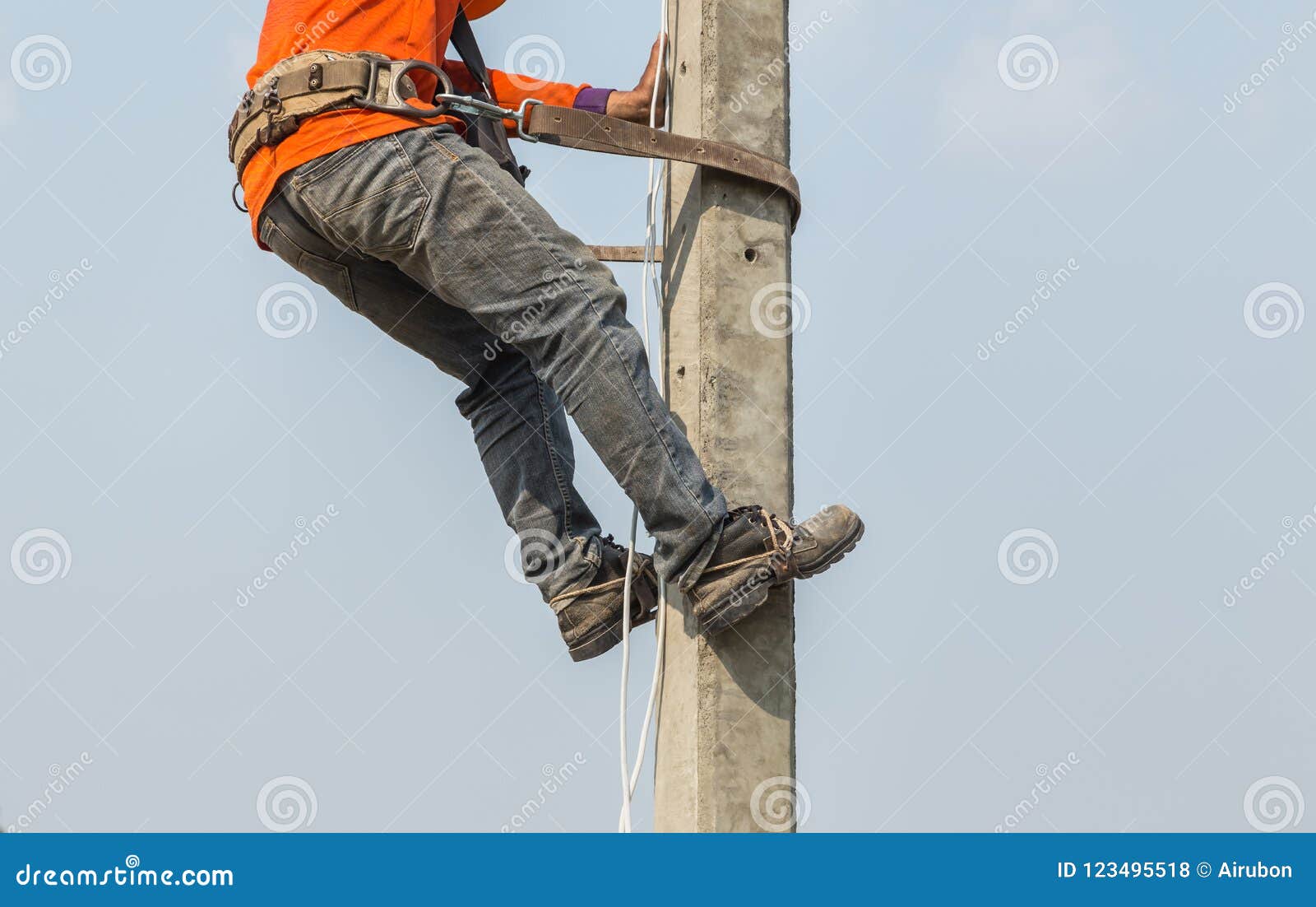 Electrician Climb Working with Safety Belt Stock Photo - Image of ...
