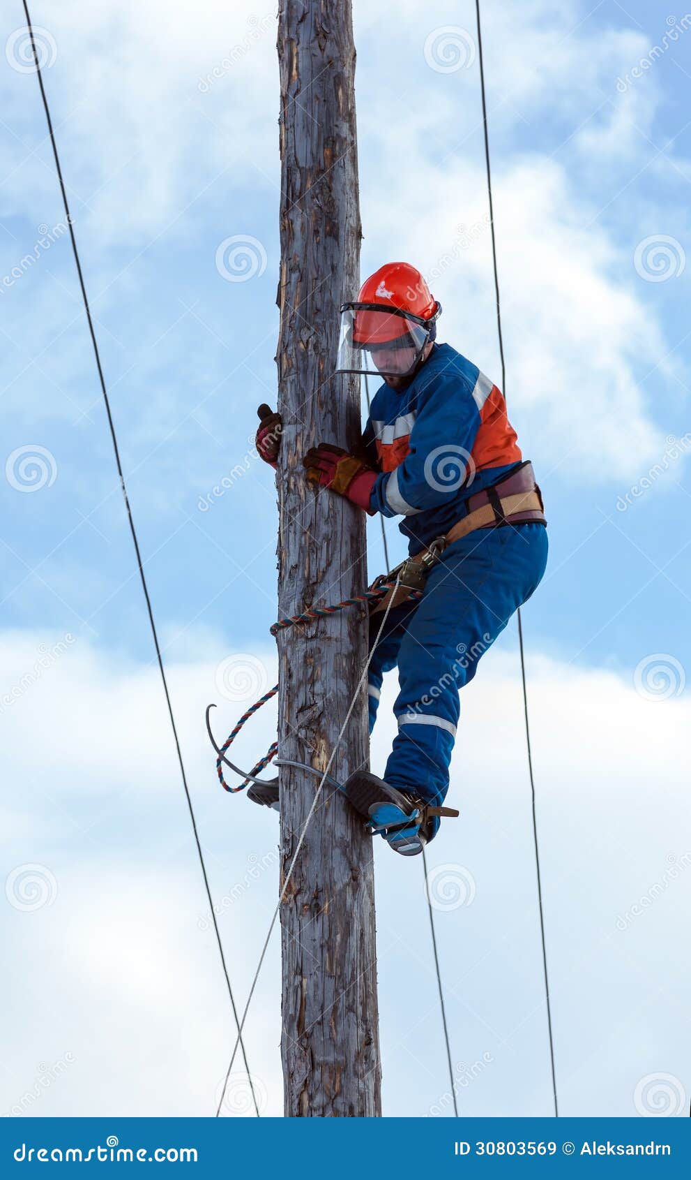Electrician Climbs a Power Pole Stock Image - Image of professional ...