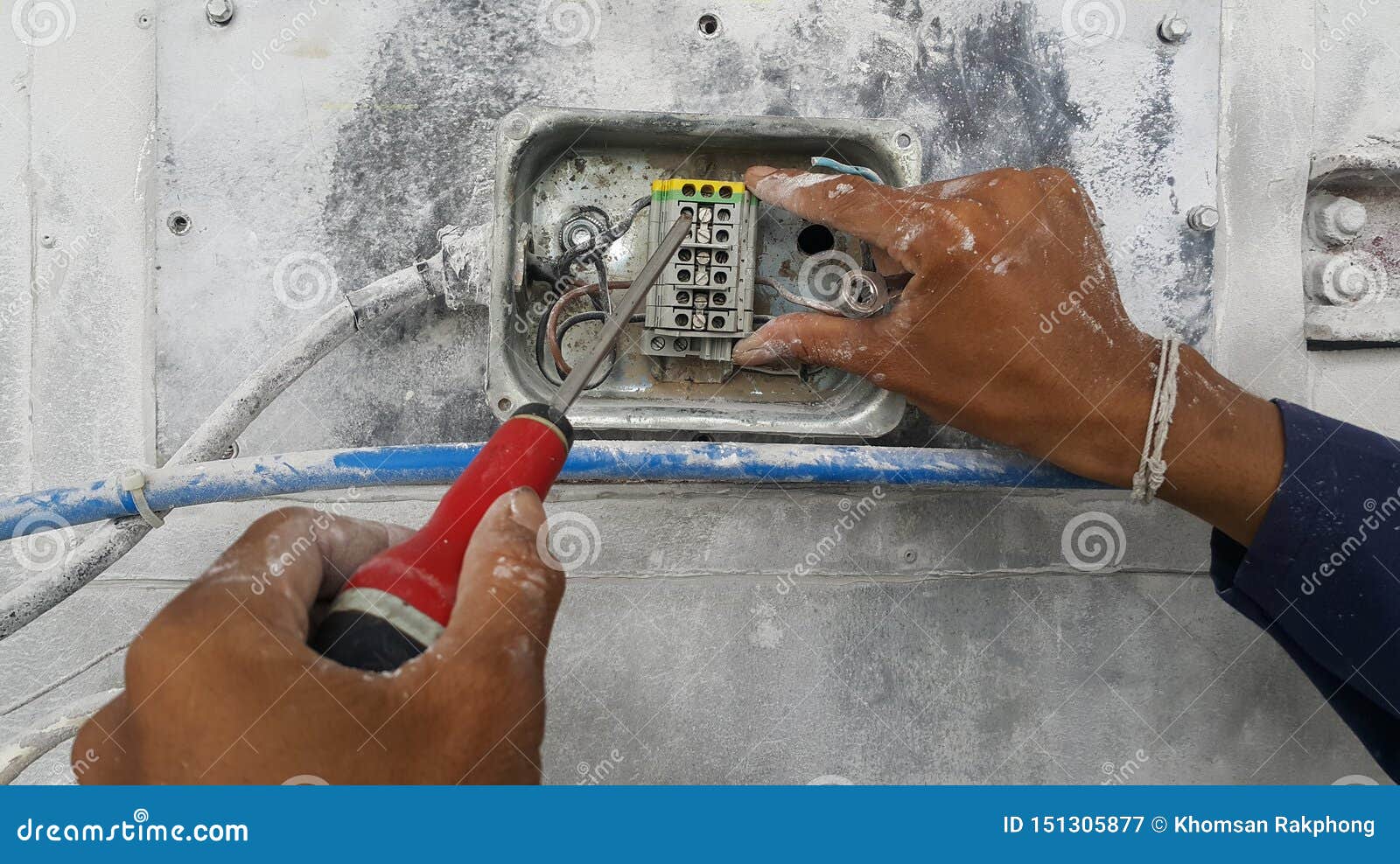 The Electrician is Connecting the Power Cable Stock Image - Image of ...