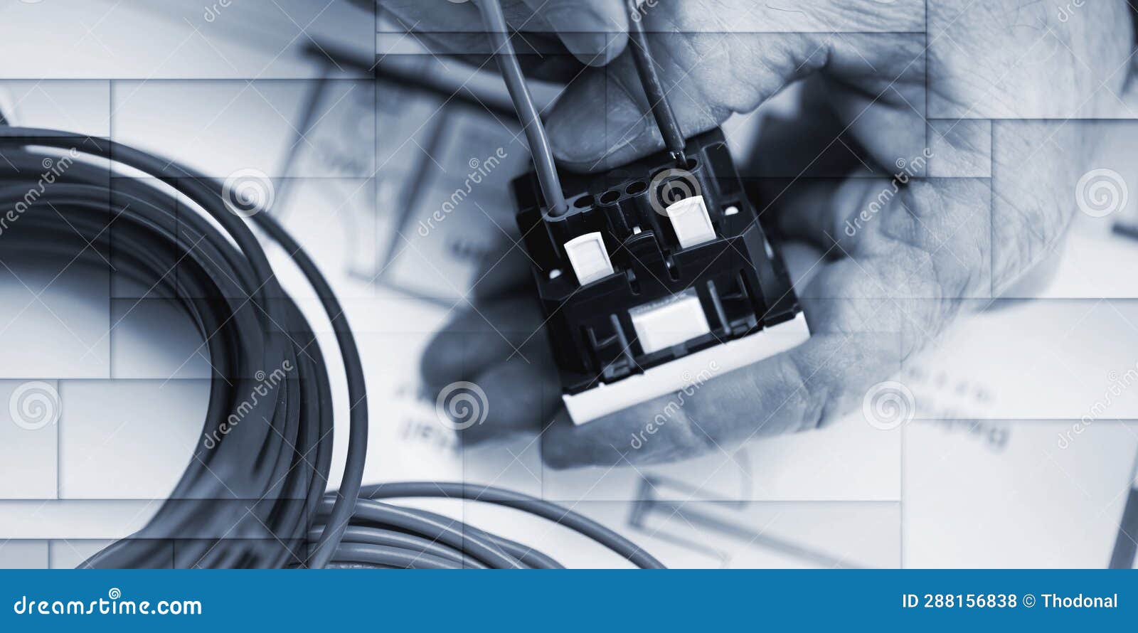 Electrician Connecting a Wire into a Power Socket, Geometric Pattern ...