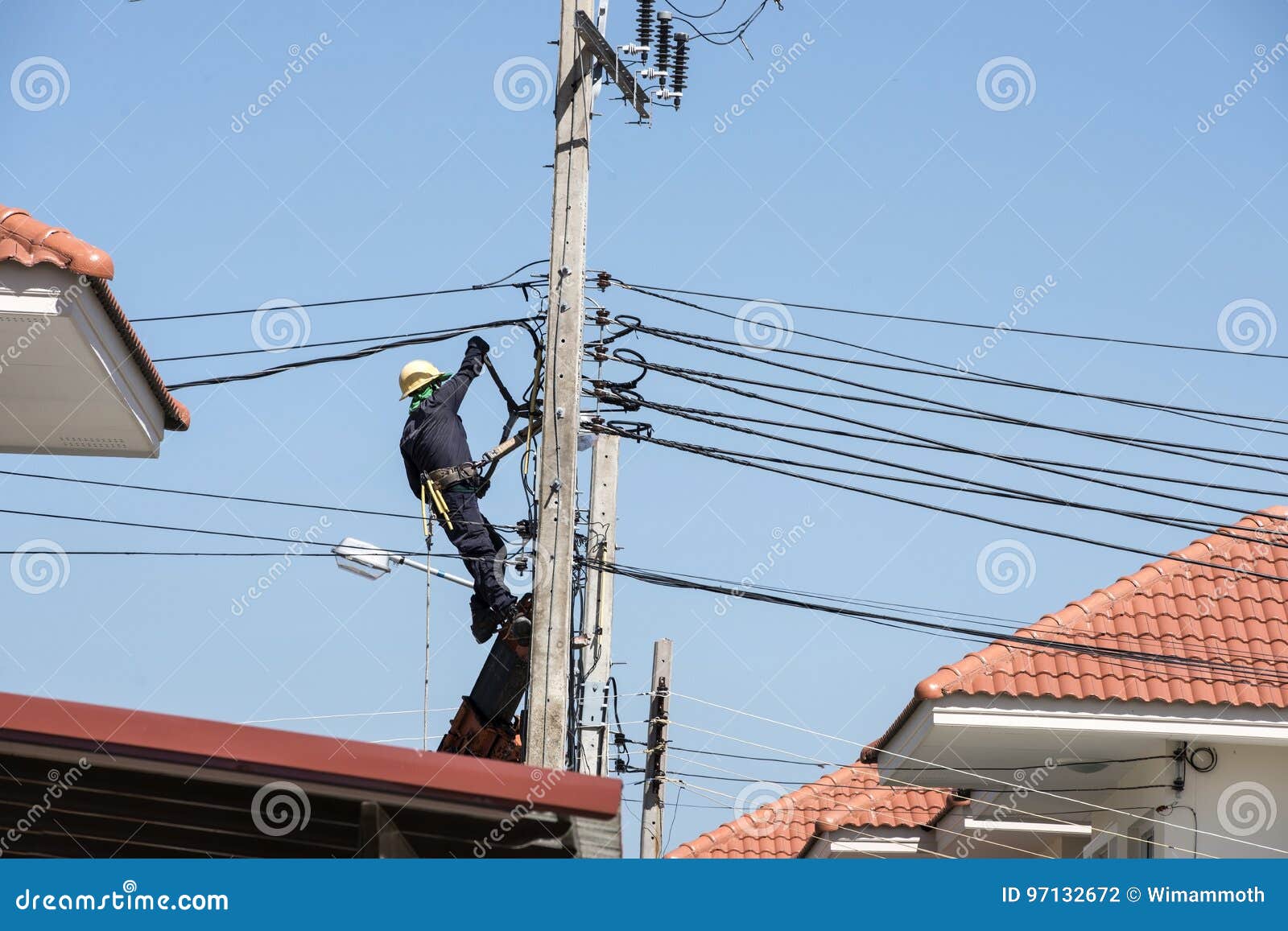 Electrician Connects Wires on a Pole Editorial Photography - Image of ...