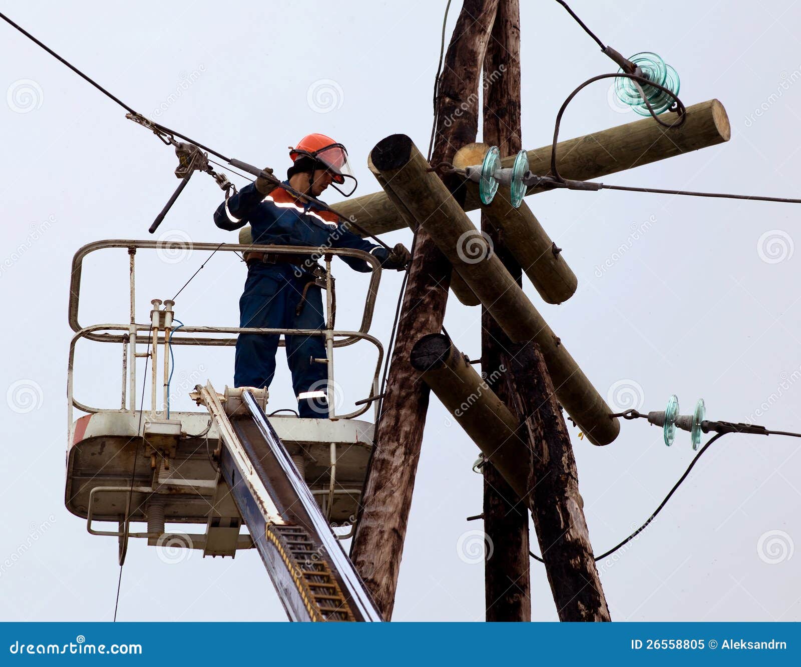 Electrician Connects Wires on the Power Line Stock Image - Image of ...