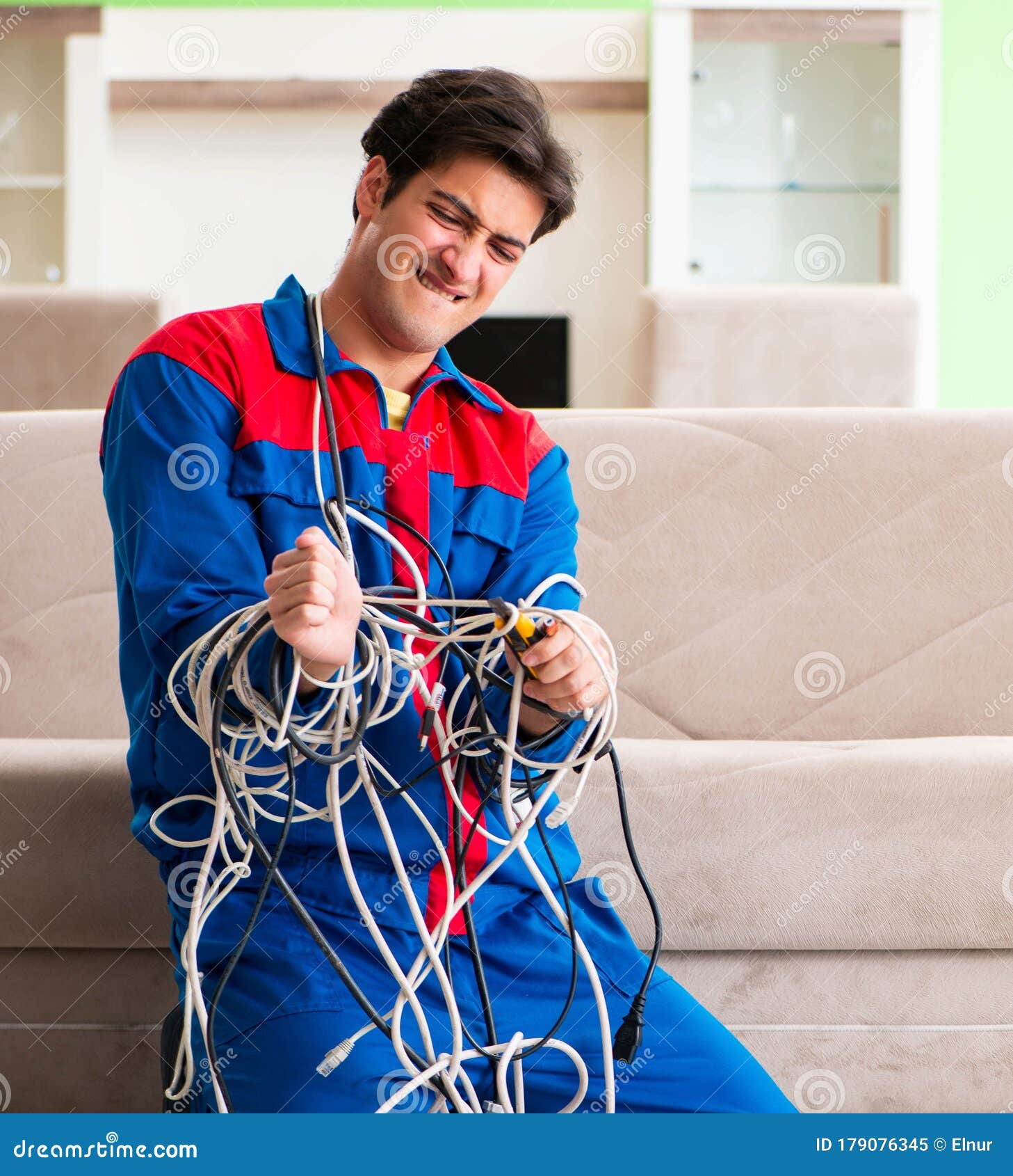 Electrician Contractor with Tangled Cables Stock Image - Image of angry ...