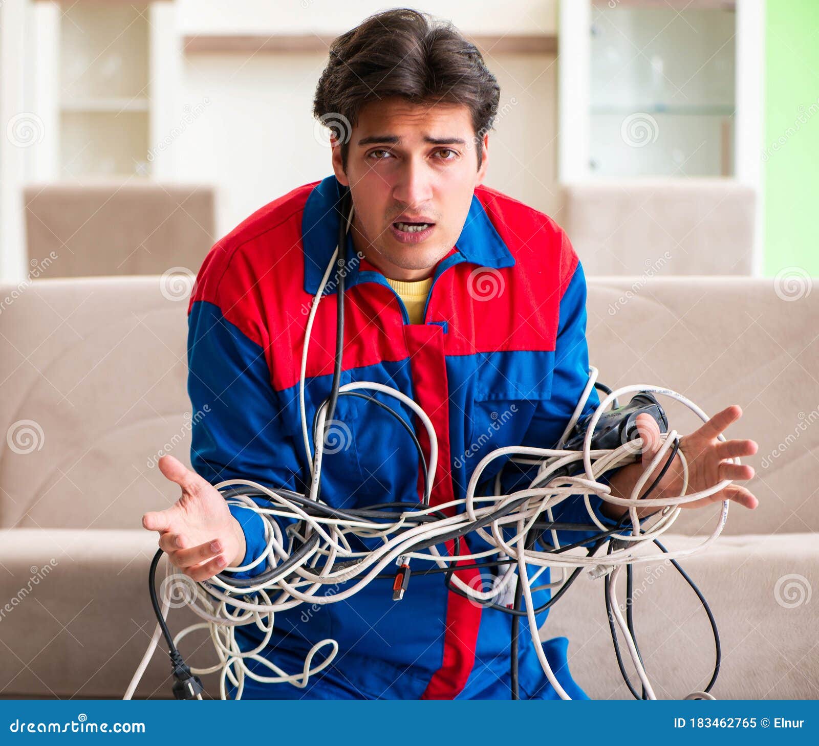 Electrician Contractor with Tangled Cables Stock Image - Image of funny ...