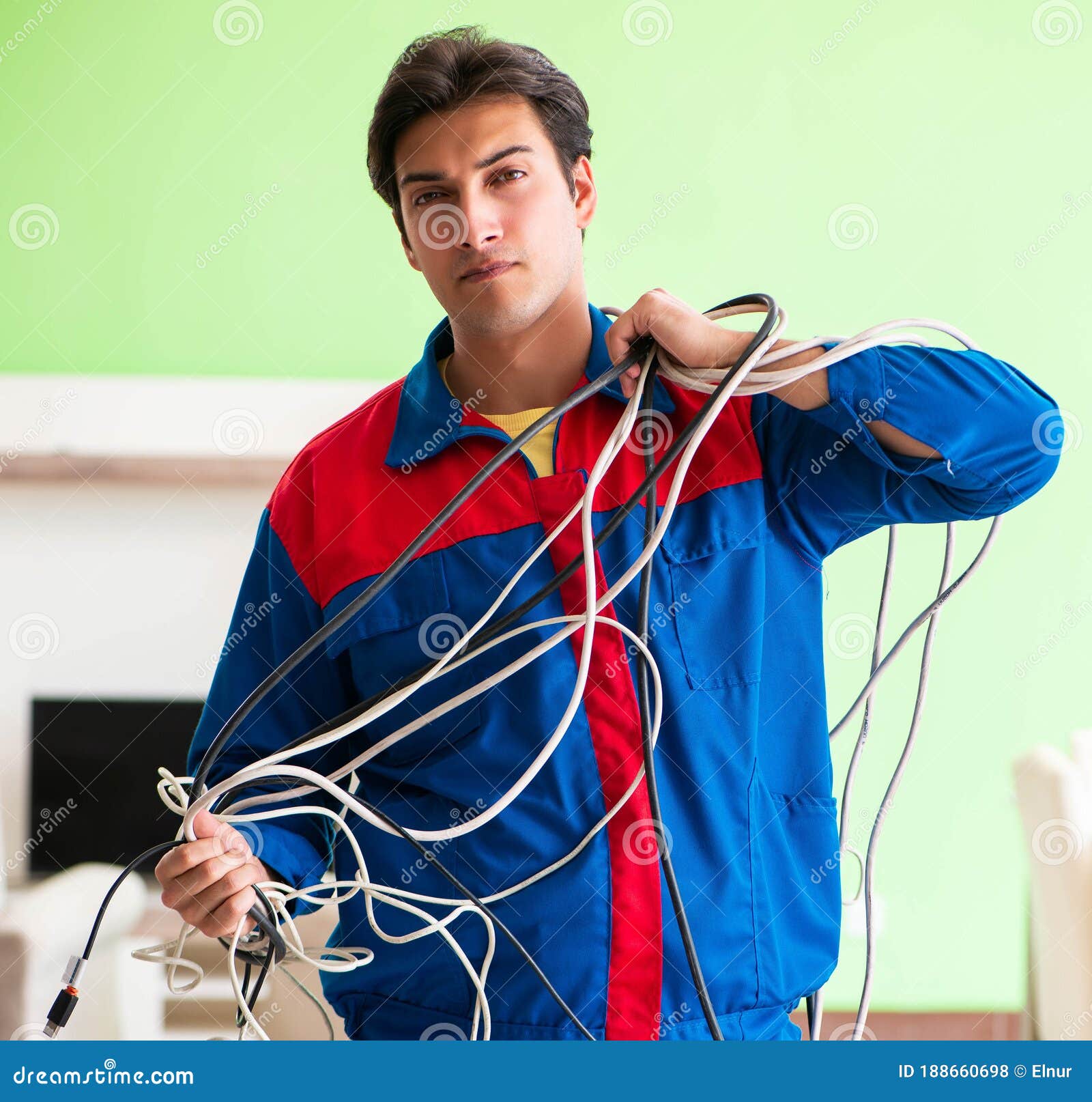 Electrician Contractor with Tangled Cables Stock Photo - Image of funny ...