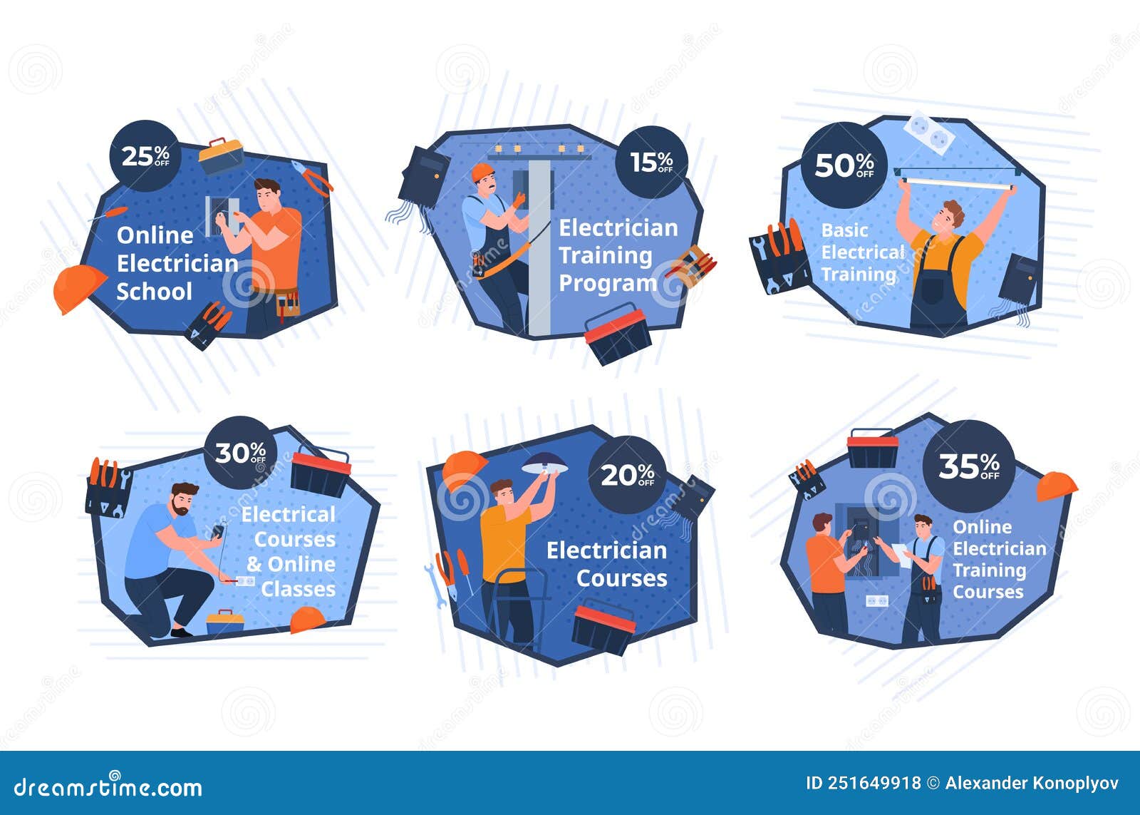 Electrician Courses Training Promo Badge Sale Discount Set Vector Flat ...