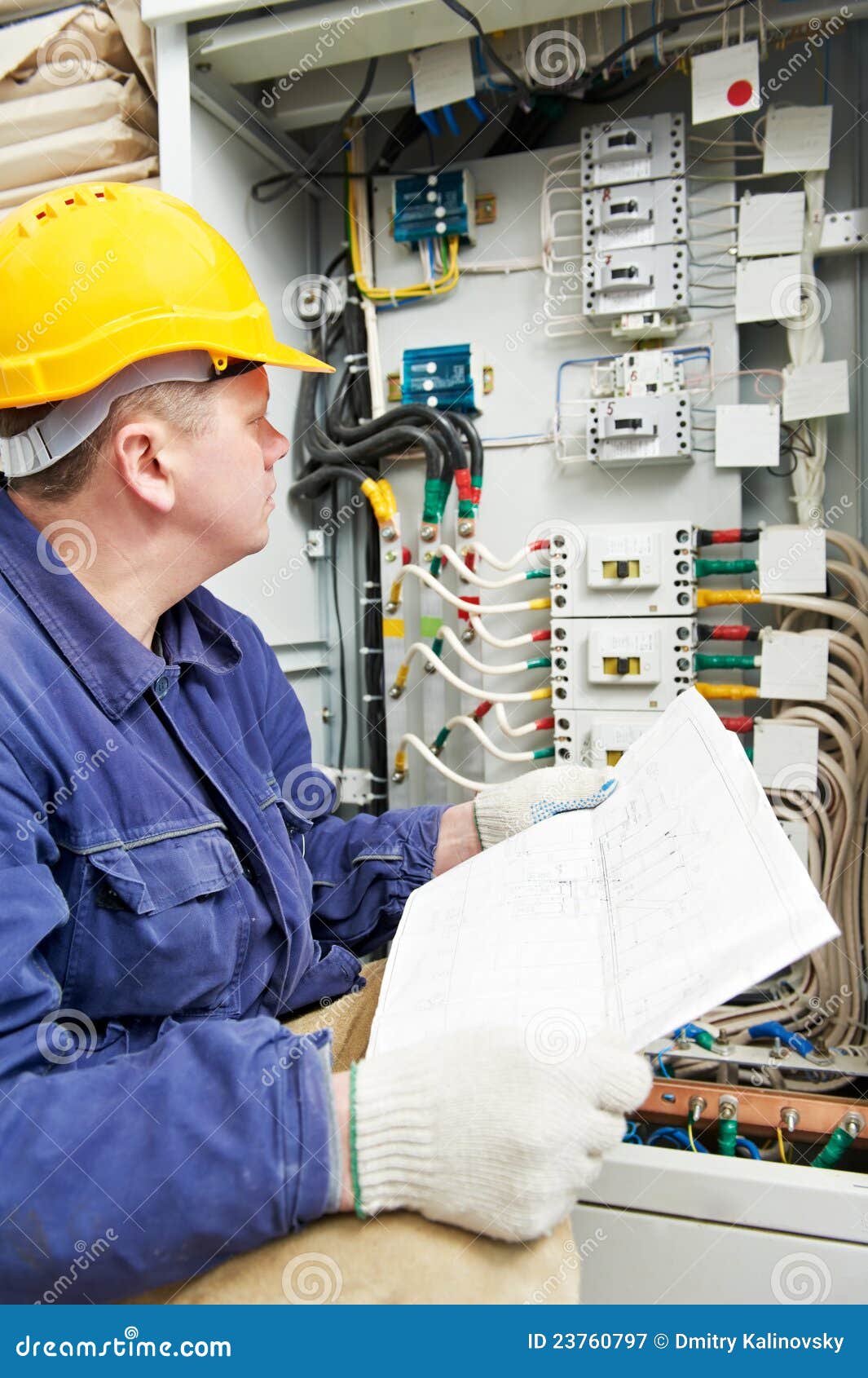 Electrician with Drawing at Power Line Box Stock Image - Image of ...