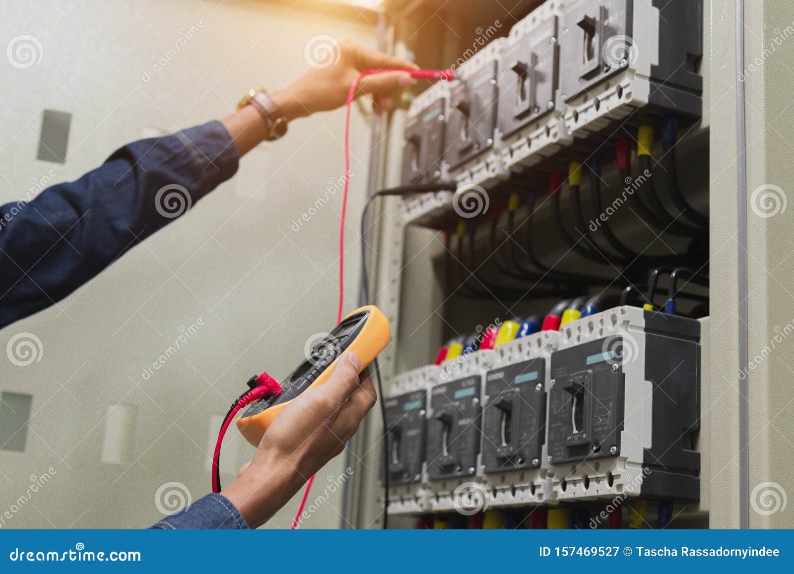 Electrician Engineer Work Tester Measuring Voltage and Current of Power ...