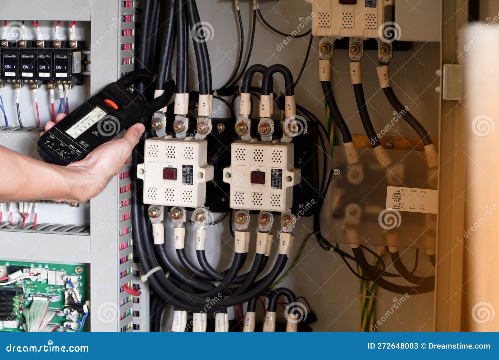 Electrician Engineer Work Tester Measuring Voltage and Current of Power ...