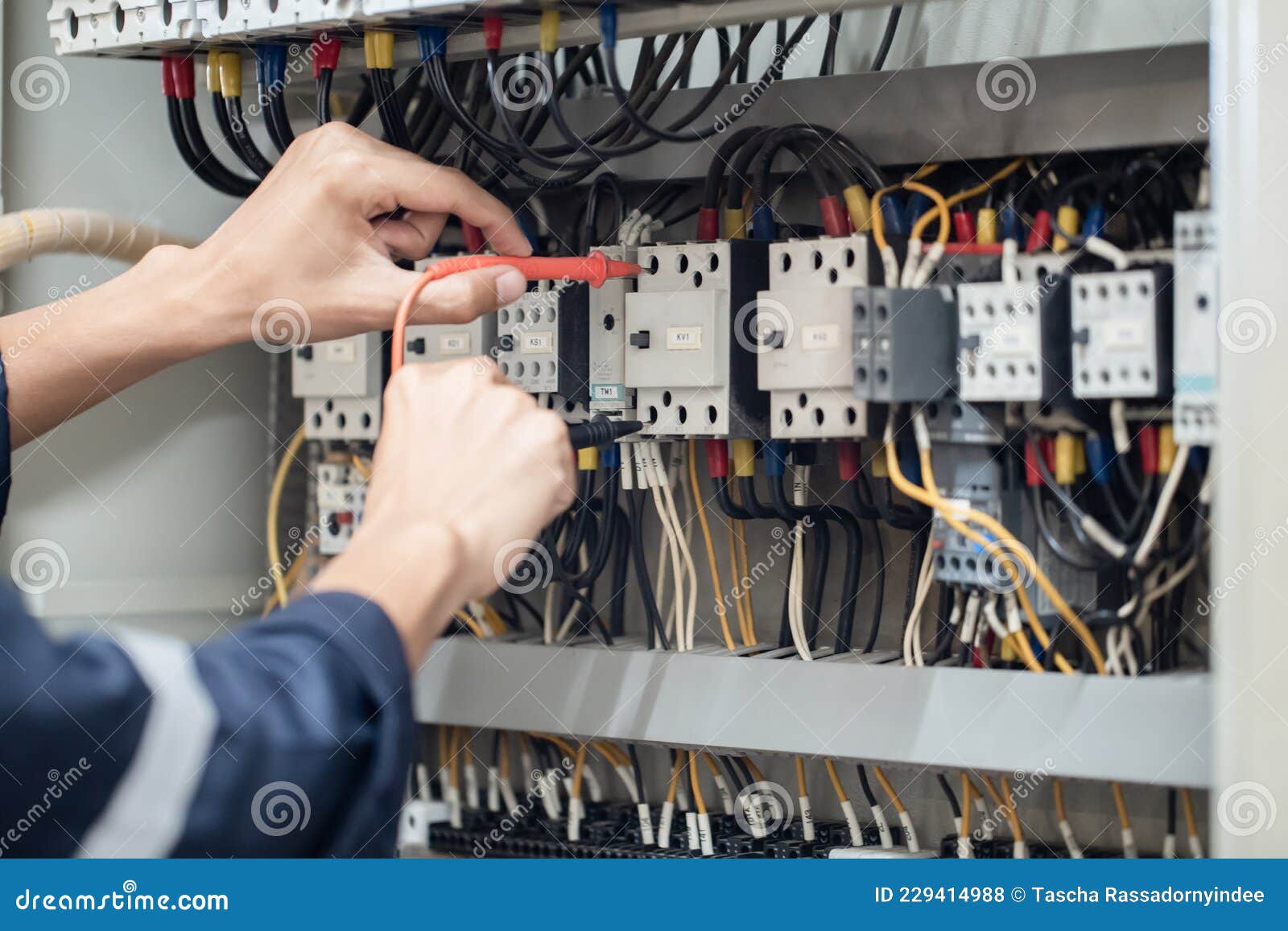 Electrician Engineer Work Tester Measuring Voltage and Current of Power ...