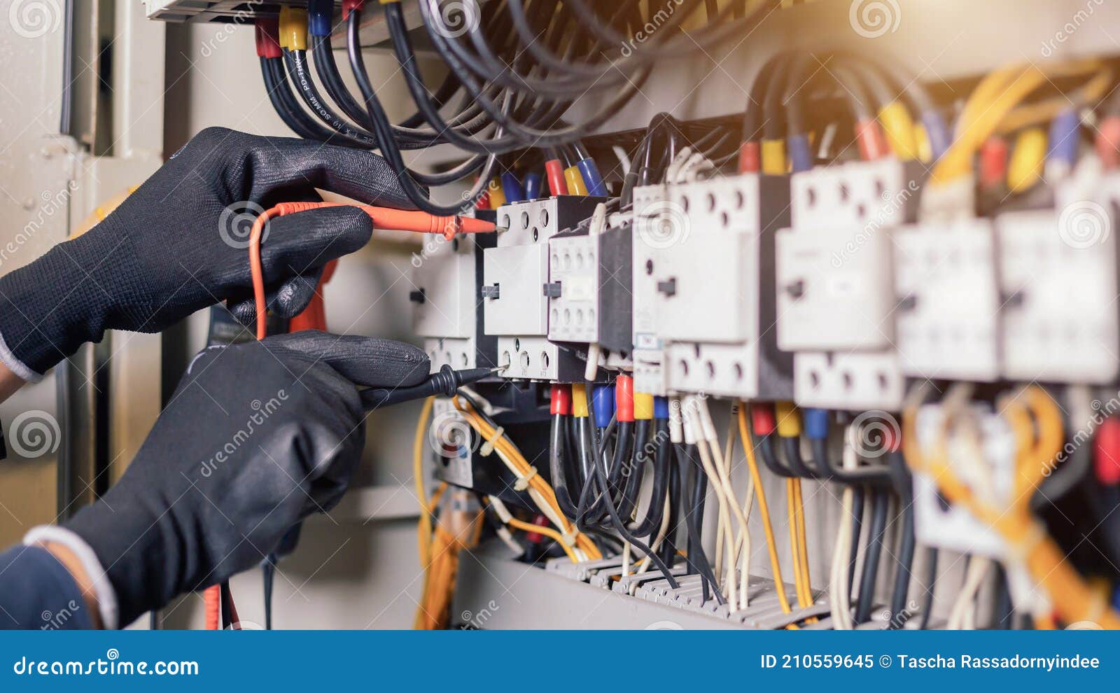 Electrician Engineer Work Tester Measuring Voltage and Current of Power ...