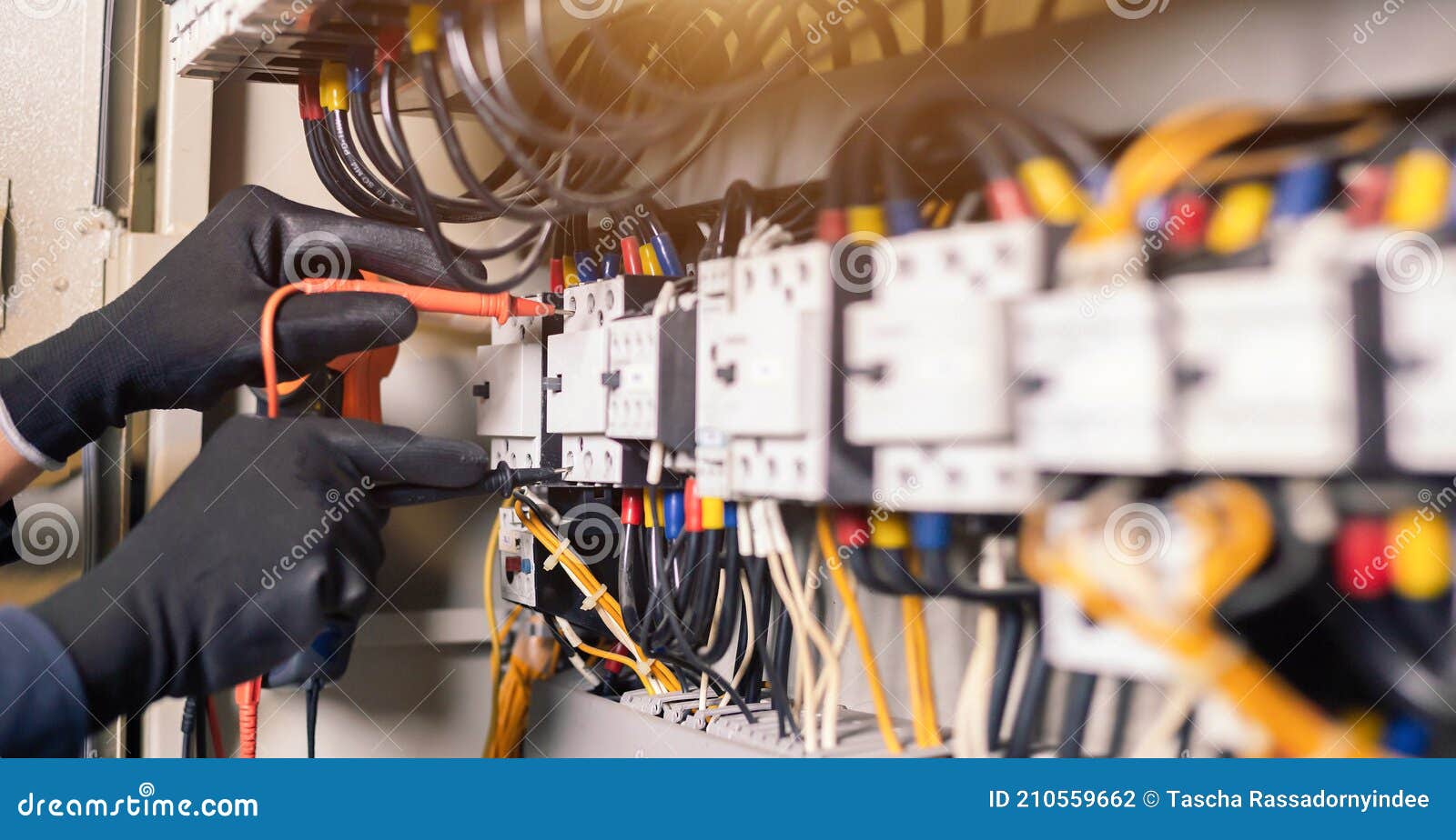 Electrician Engineer Work Tester Measuring Voltage and Current of Power ...