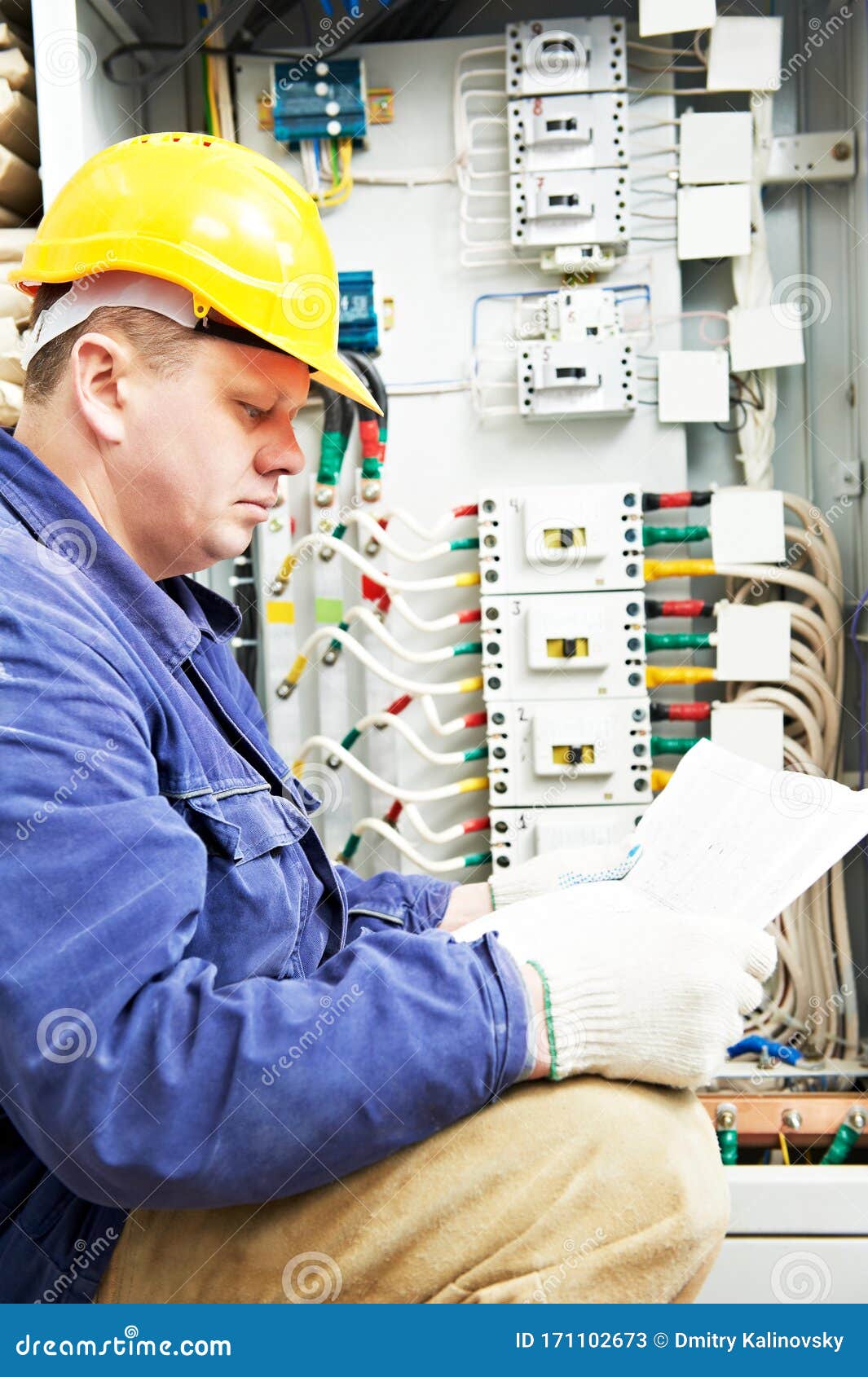 Electrician Engineer Worker with Blueprint Project Stock Image - Image ...