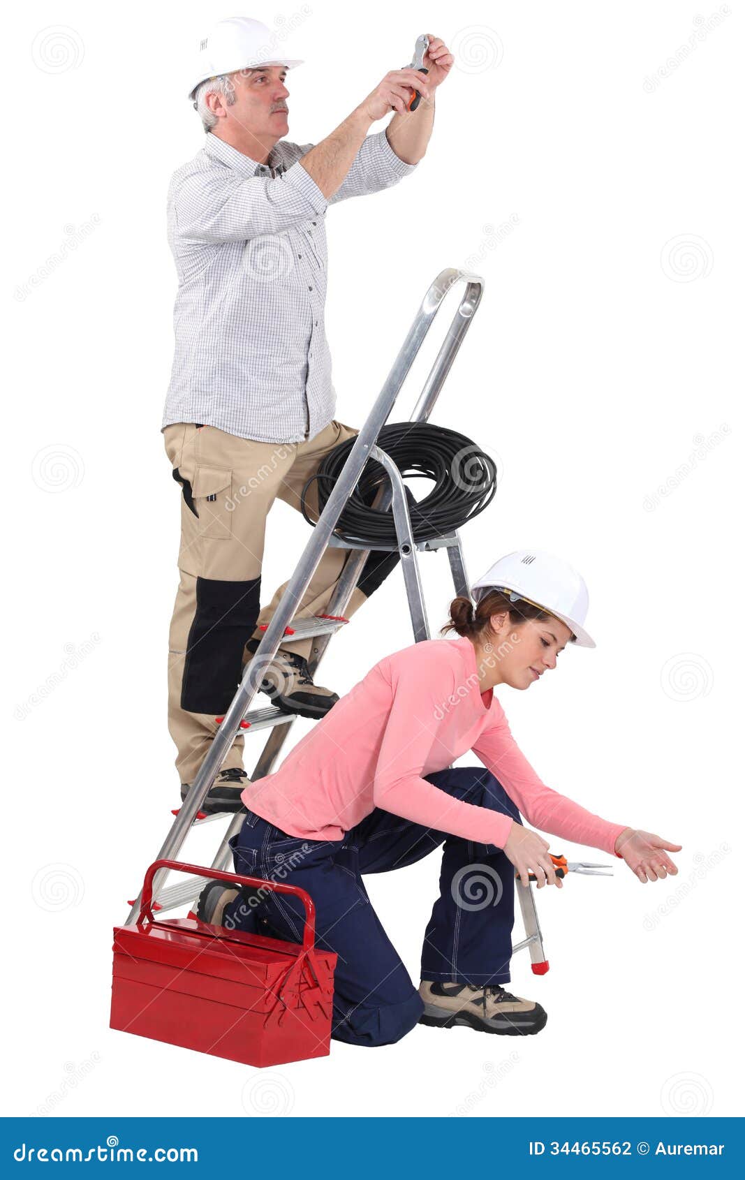 Electrician and Female Helper Stock Photo - Image of construction ...