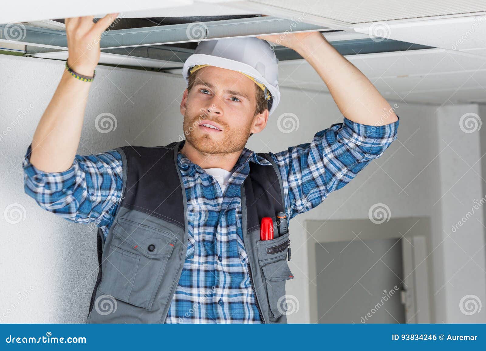 Electrician Fitting Cable for Ceiling Light Stock Photo - Image of ...