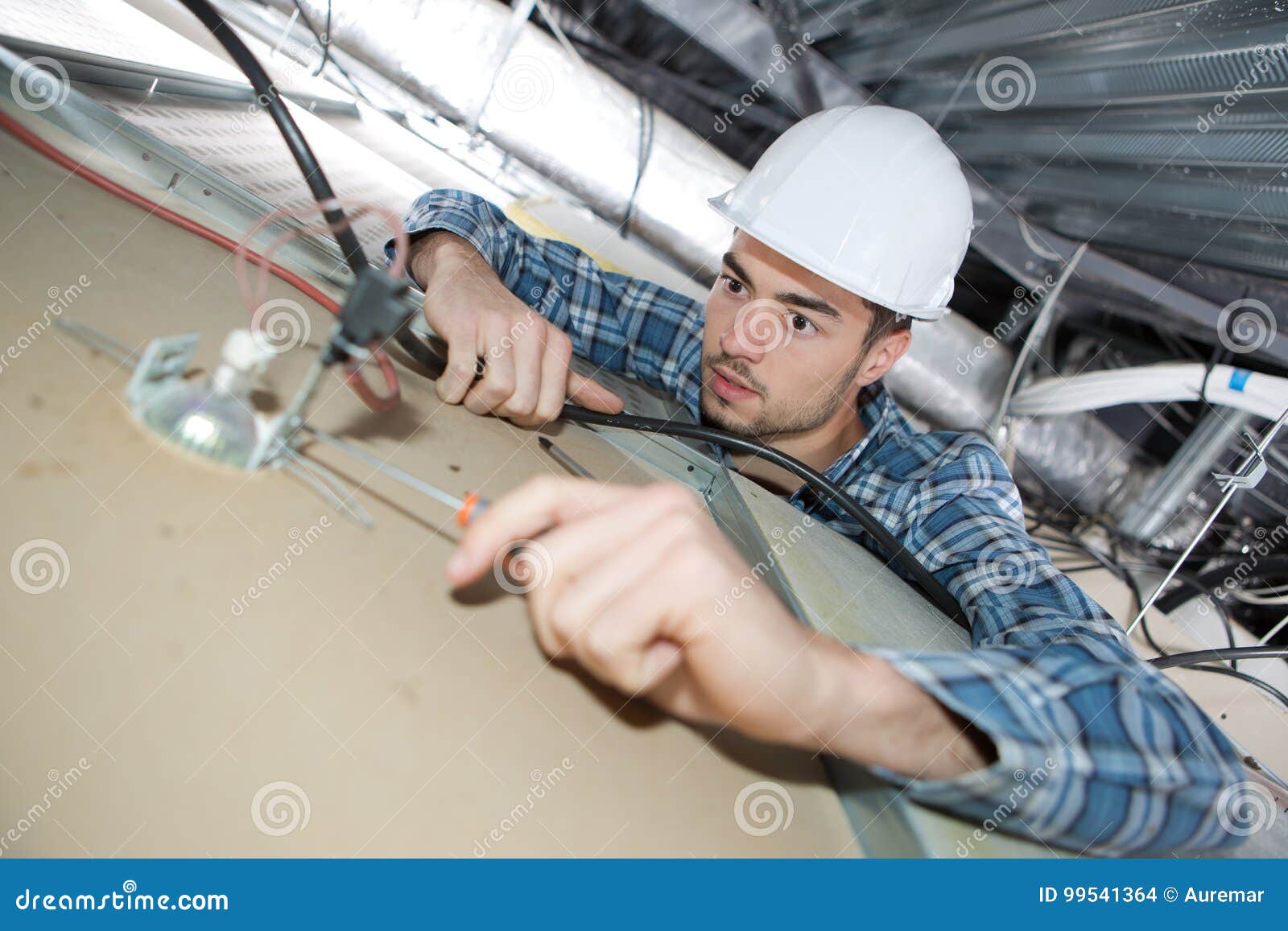 Electrician Fitting Cable for Ceiling Light Stock Photo - Image of ...
