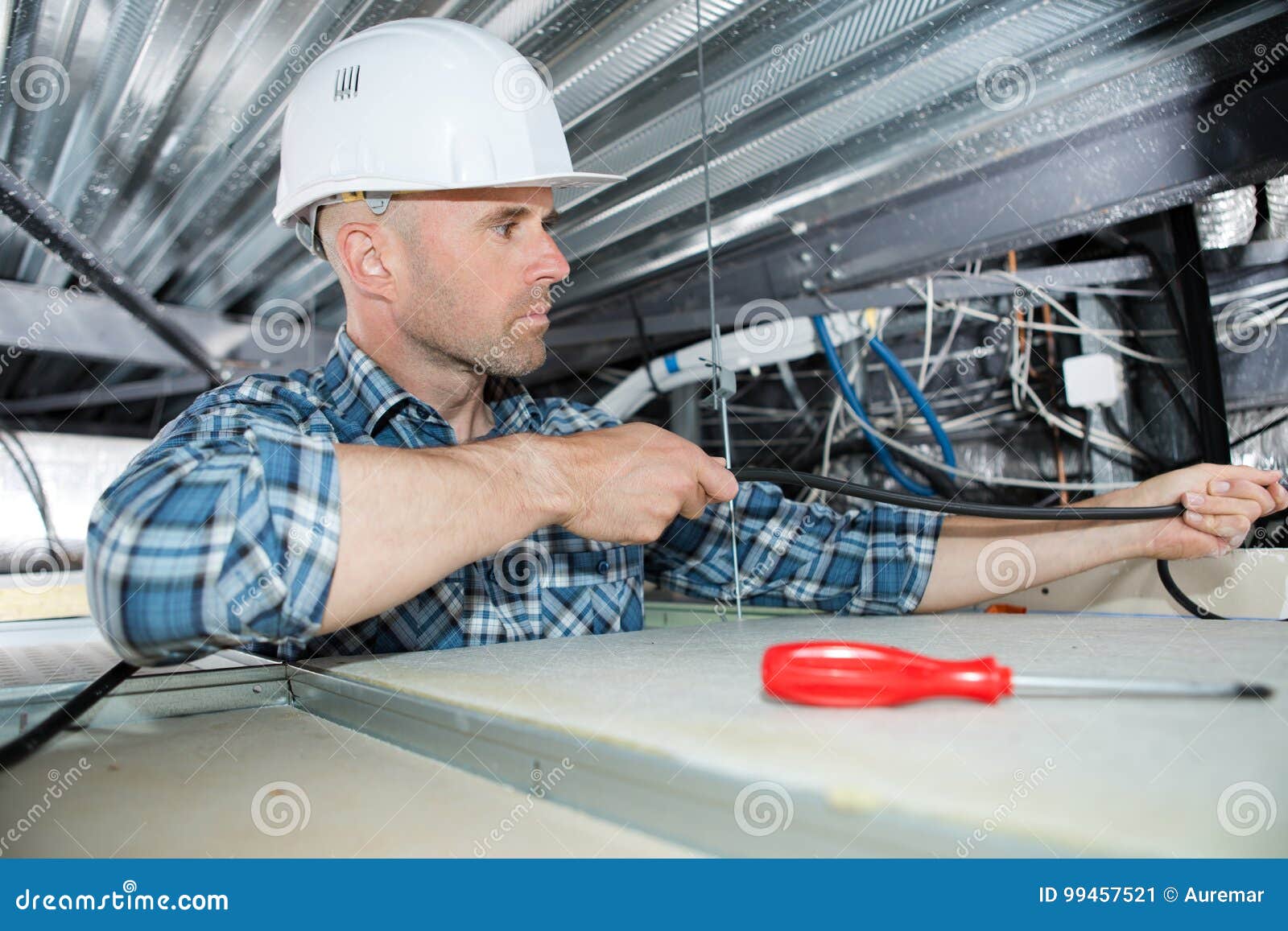 Electrician Fixing Neon on Ceiling Stock Image - Image of install ...