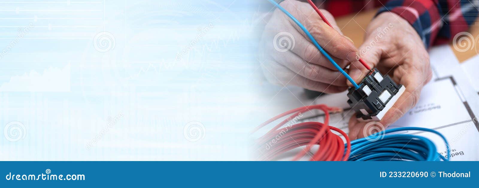 Electrician Connecting a Wire into a Power Socket; Panoramic Banner ...