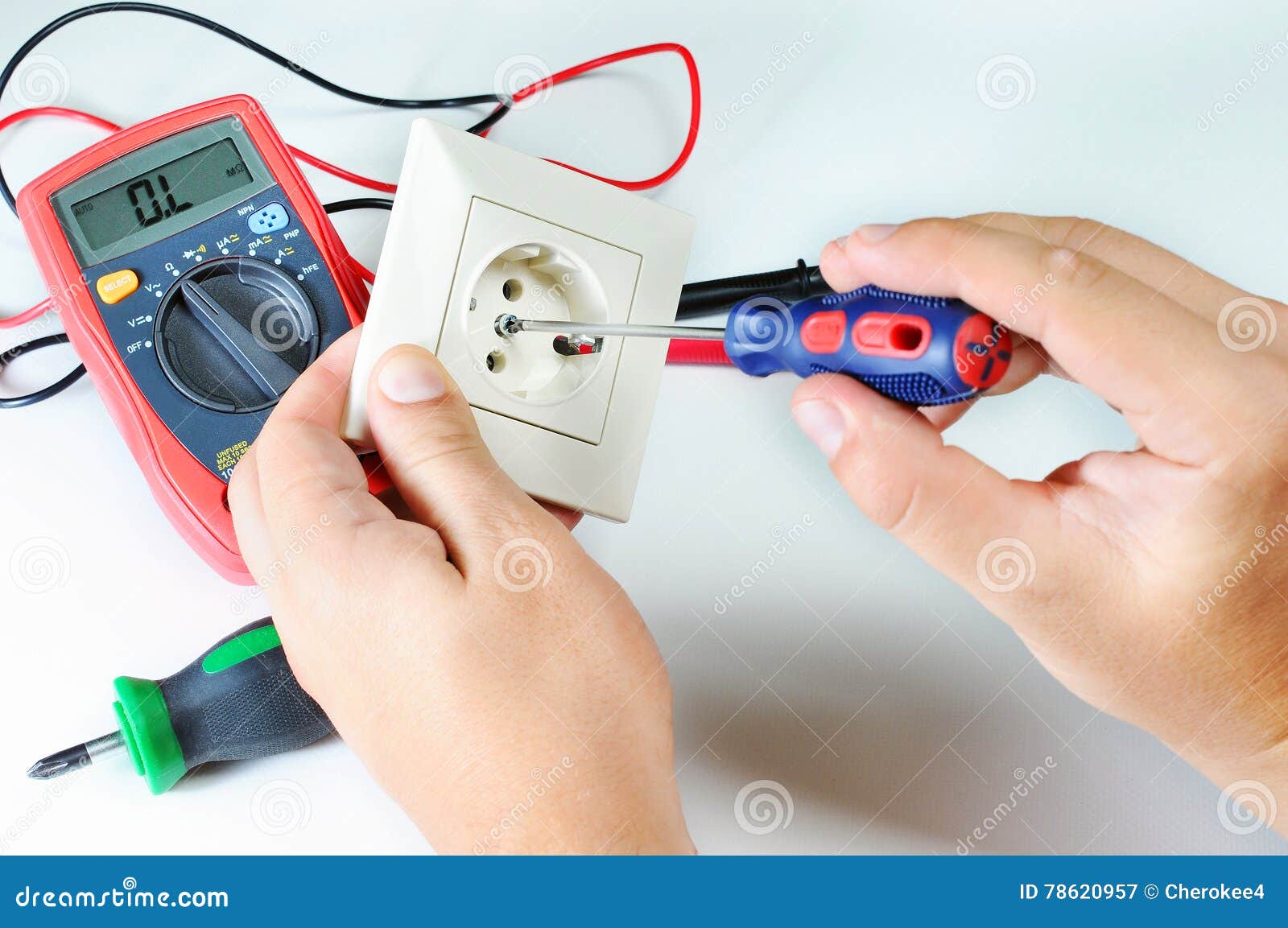 Electrician Hands with Socket. Electricity and People Concept. Digital ...