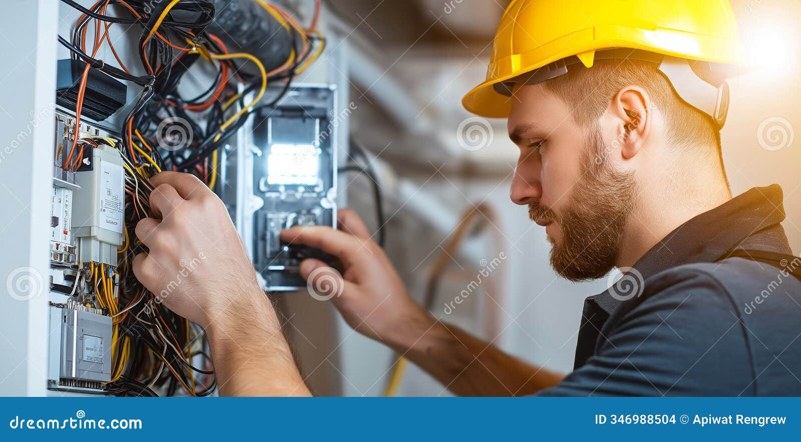 Electrician in Hard Hat Works on Complex Electrical Panel Focusing ...