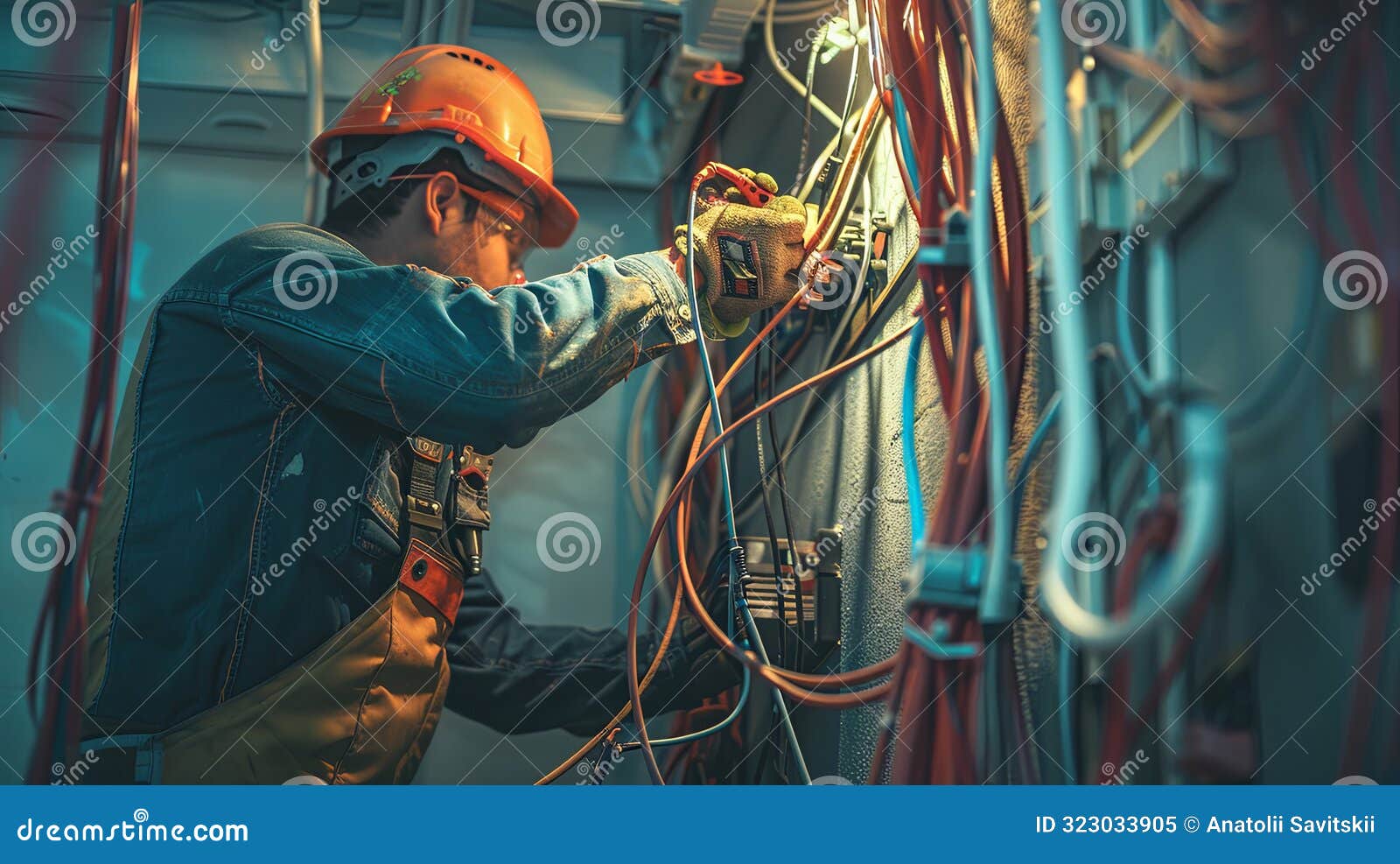 An Electrician in a Hard Hat Works on Electrical Wiring Inside an Open ...