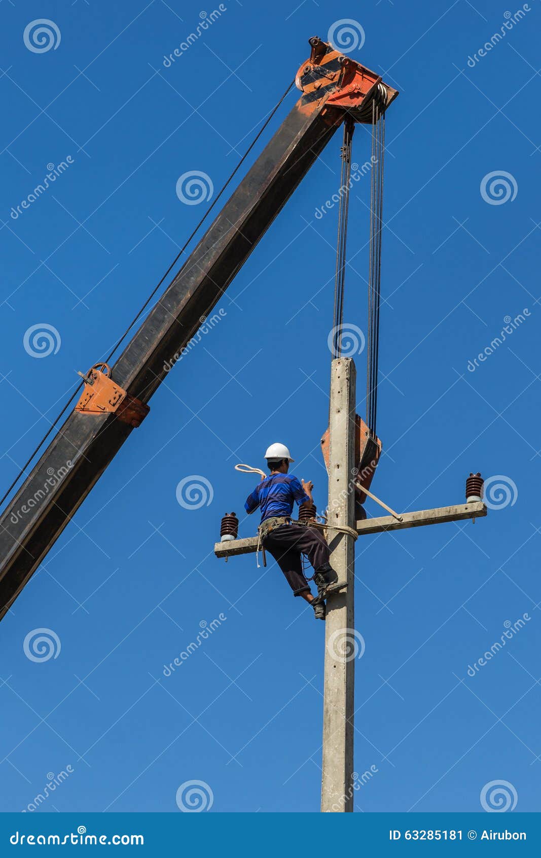 Electrician Install Wire of the Power Line with Crane Stock Image ...