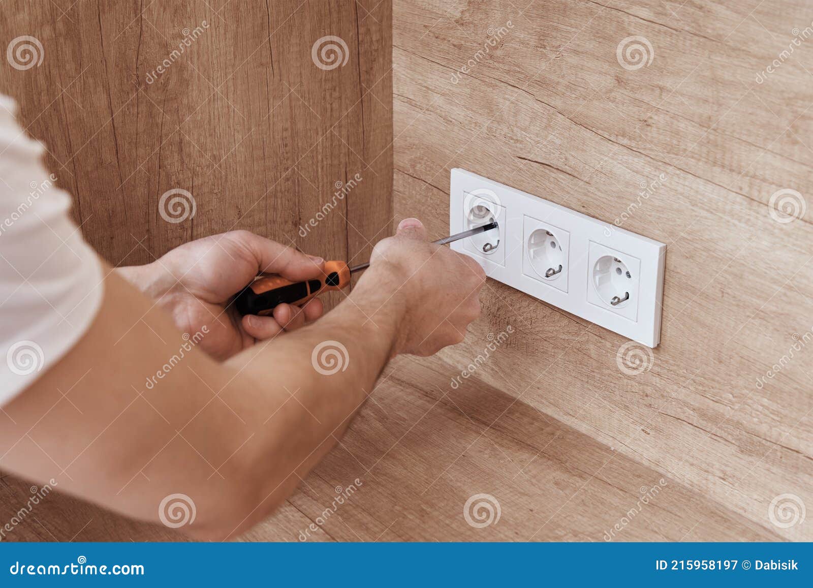 Electrician Installing Socket in the Kitchen Stock Image - Image of ...