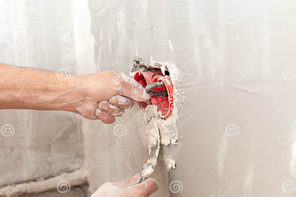 Electrician Installing Wall Power Socket, Plastic Electrical Junction ...