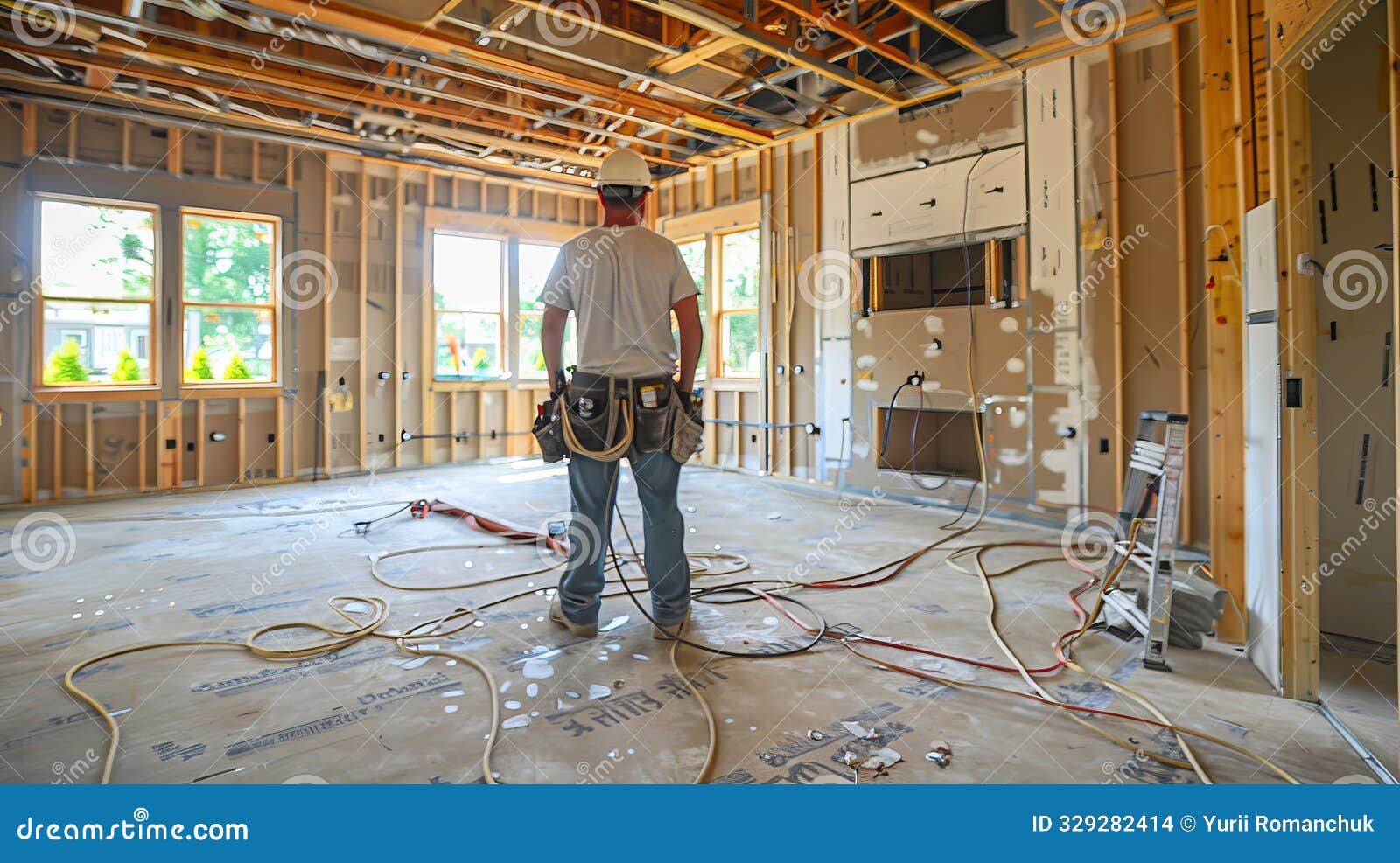 Electrician Installing Wires in Newly Constructed Home, Realistic Image ...