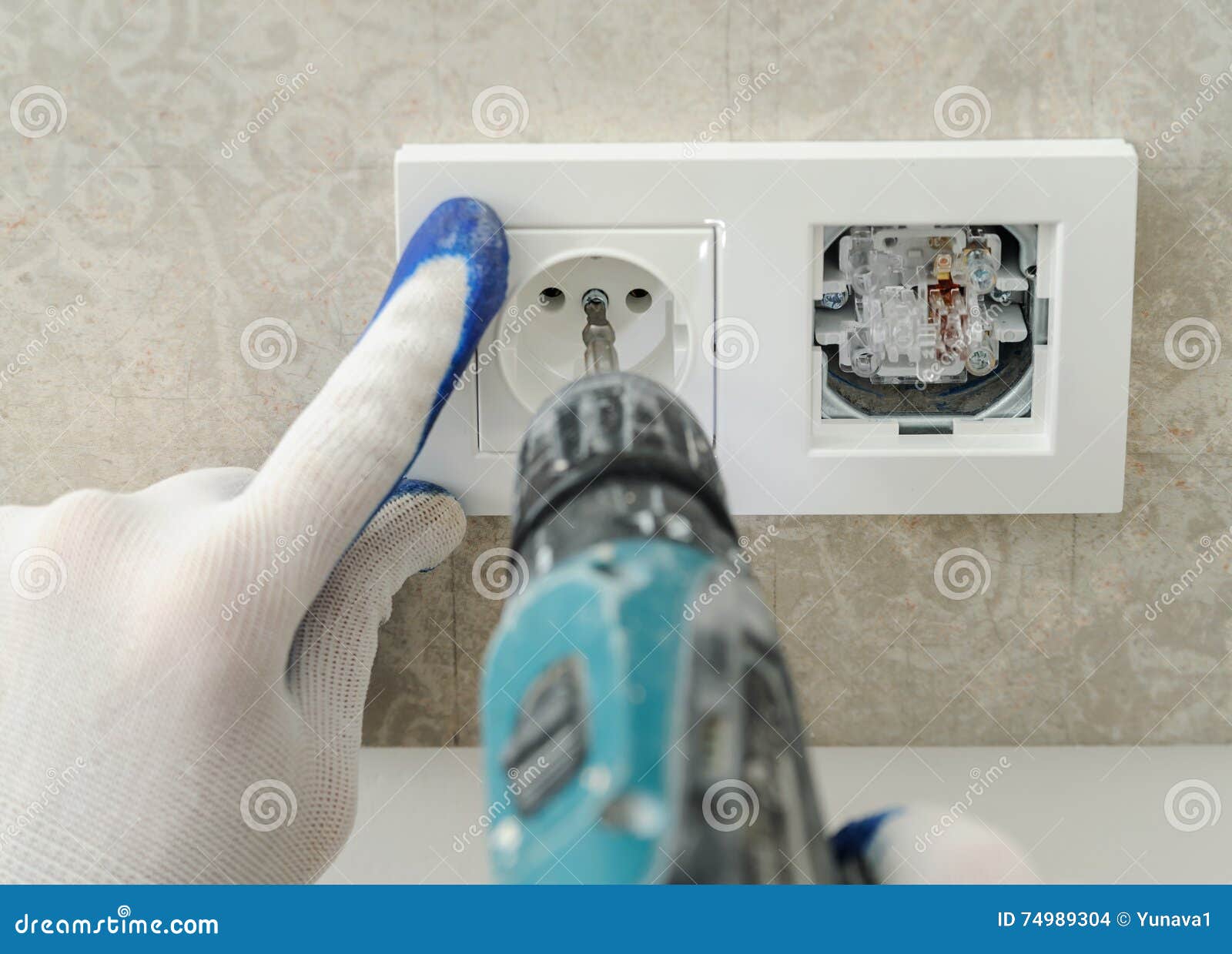 Electrician Installs Electrical Outlet. Stock Photo - Image of outlet ...