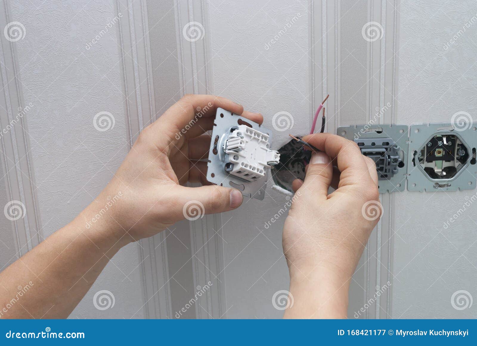 Electrician Installs Lighting Switch Stock Image - Image of cable, work ...