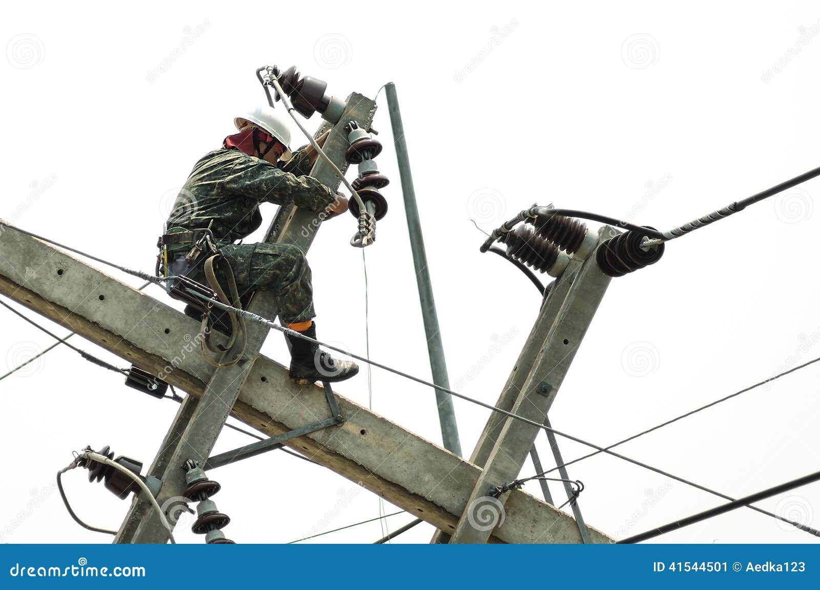 Electrician Lineman Repairman Worker at Climbing Work Stock Image ...