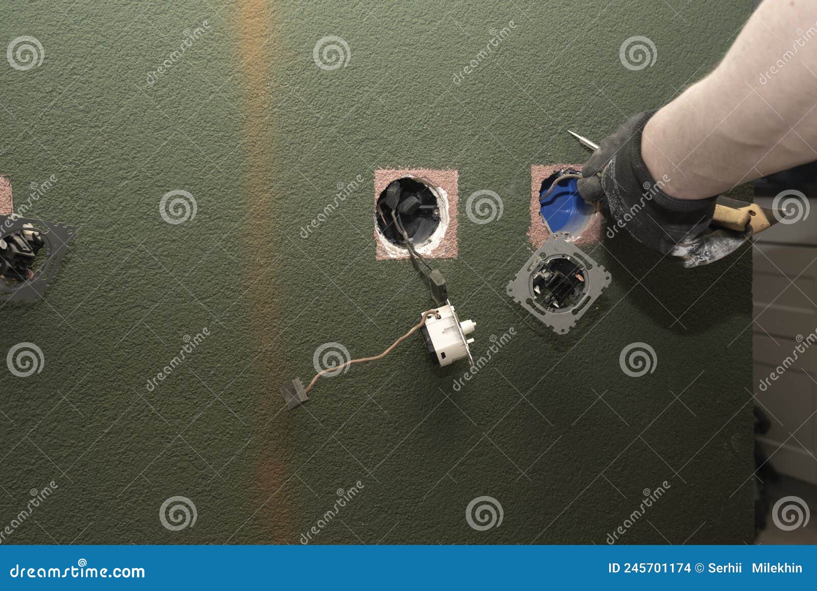 Electrician Man Install Junction Box. Construction Site Stock Photo ...