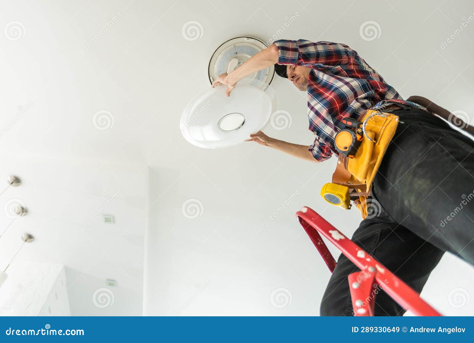Electrician Man Worker Installing Ceiling Lamp Stock Image - Image of ...