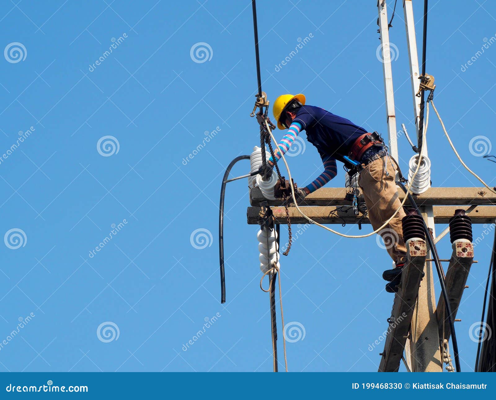 Electrician Man Working at Height and Dangerous ,high Voltage Power ...