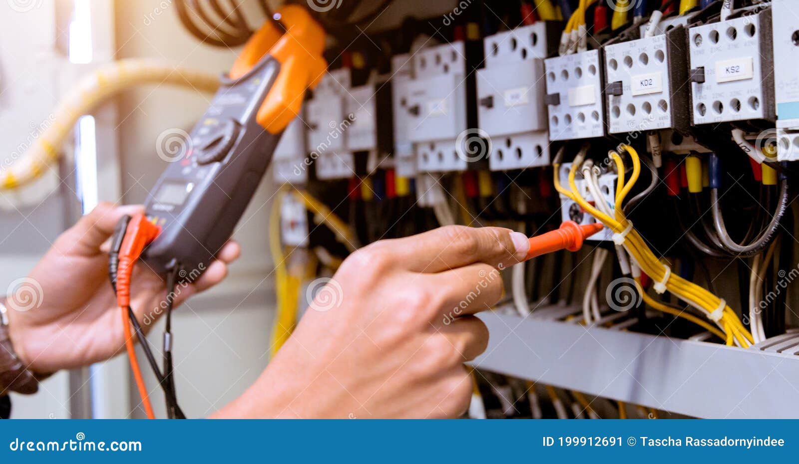 Electrician Measurements with Multimeter Testing Current Electric in ...
