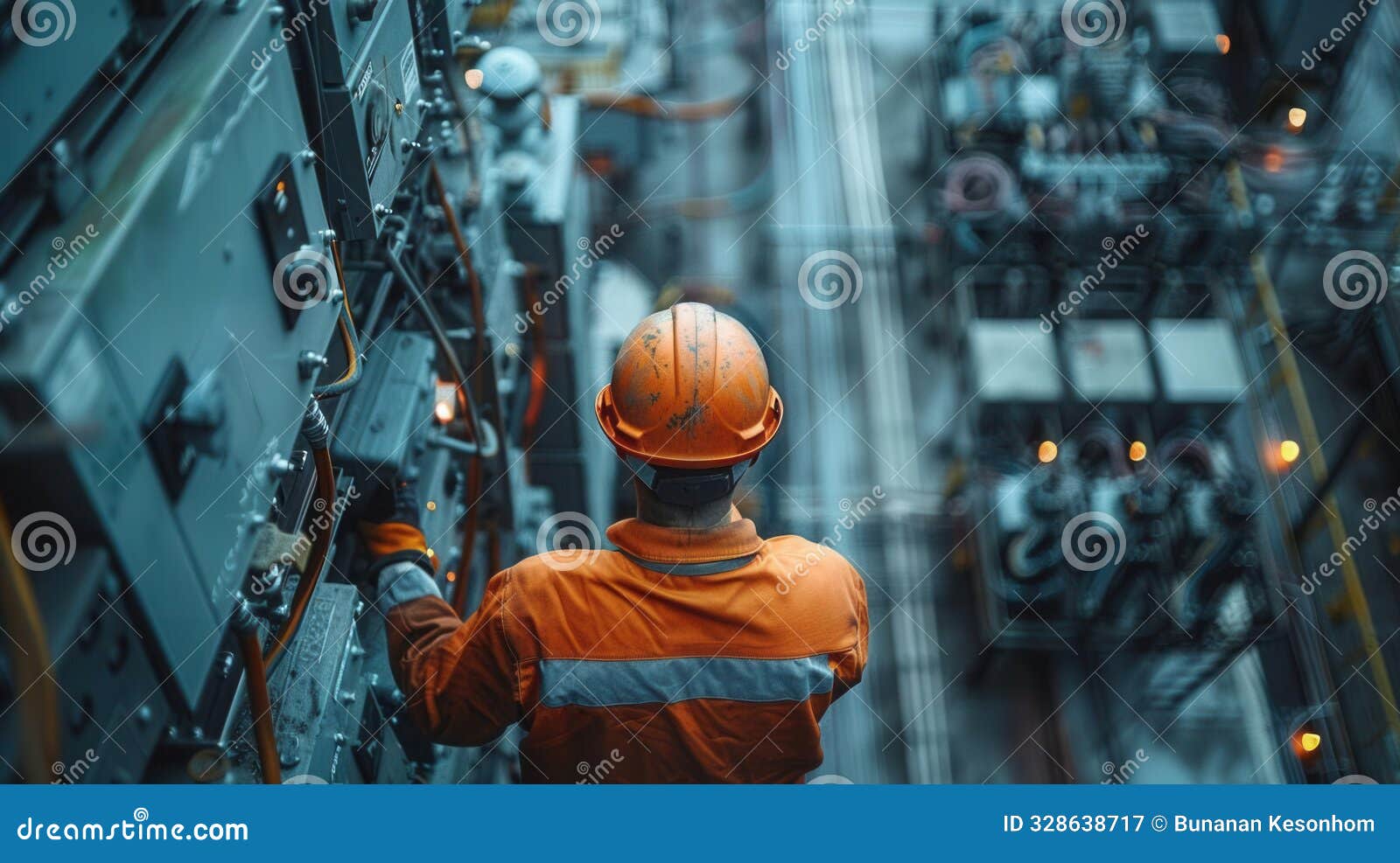 An Electrician in an Orange Hard Hat Works on an Electrical Panel Stock ...