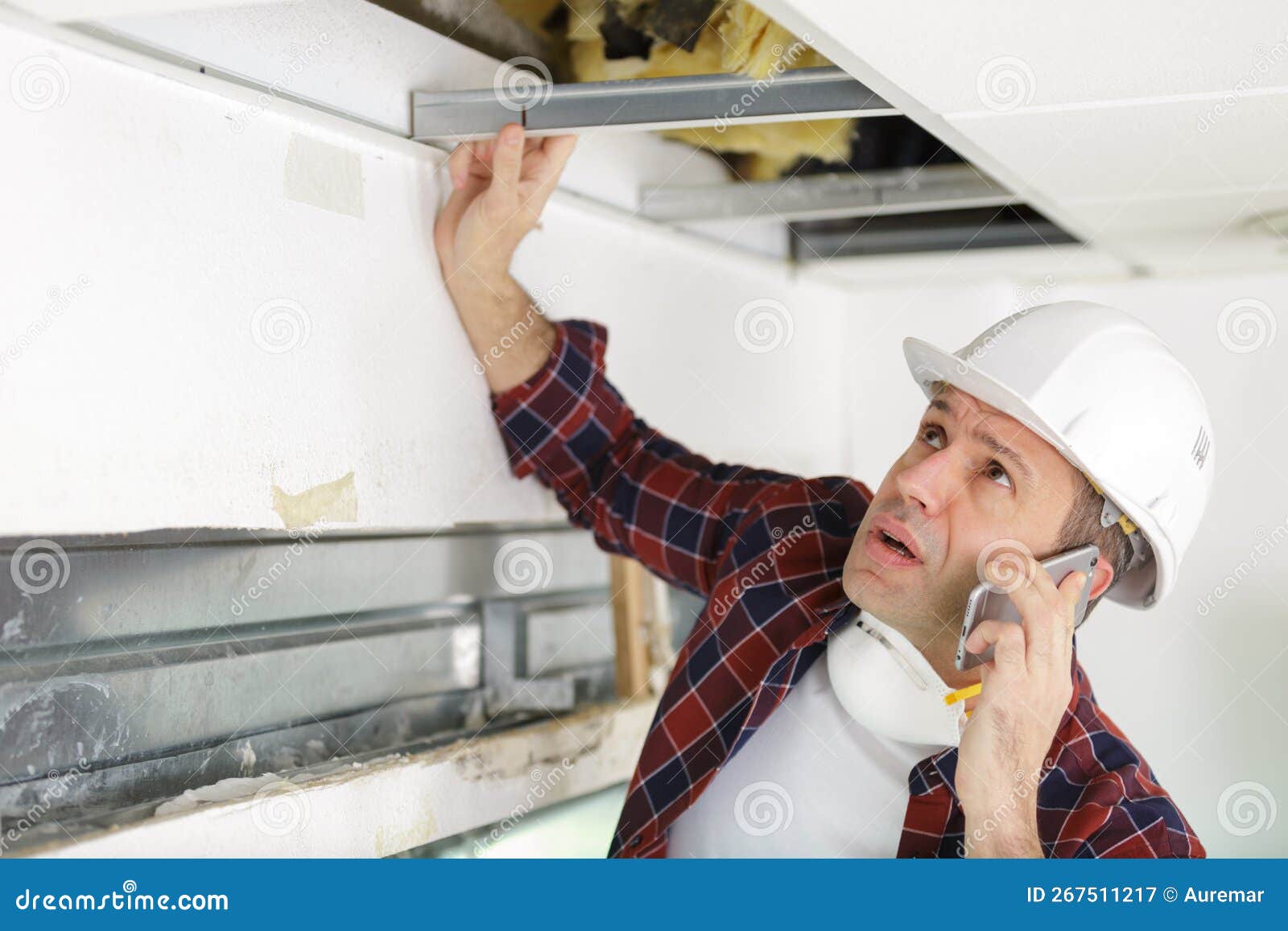Electrician on Phone with Client Inside Ceiling Stock Image - Image of ...
