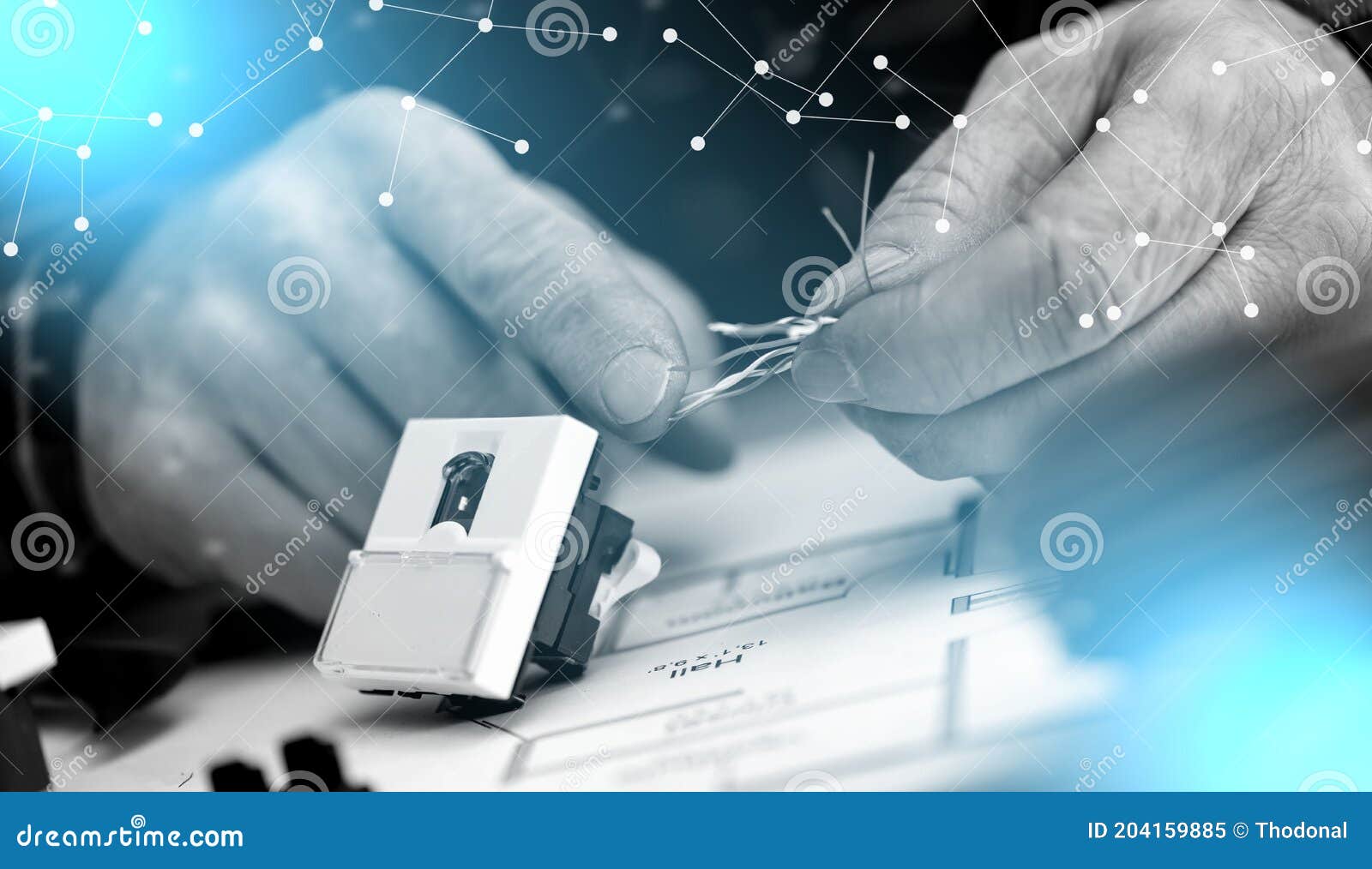 Electrician Preparing an Internet Connection; Light Effect Stock Image ...