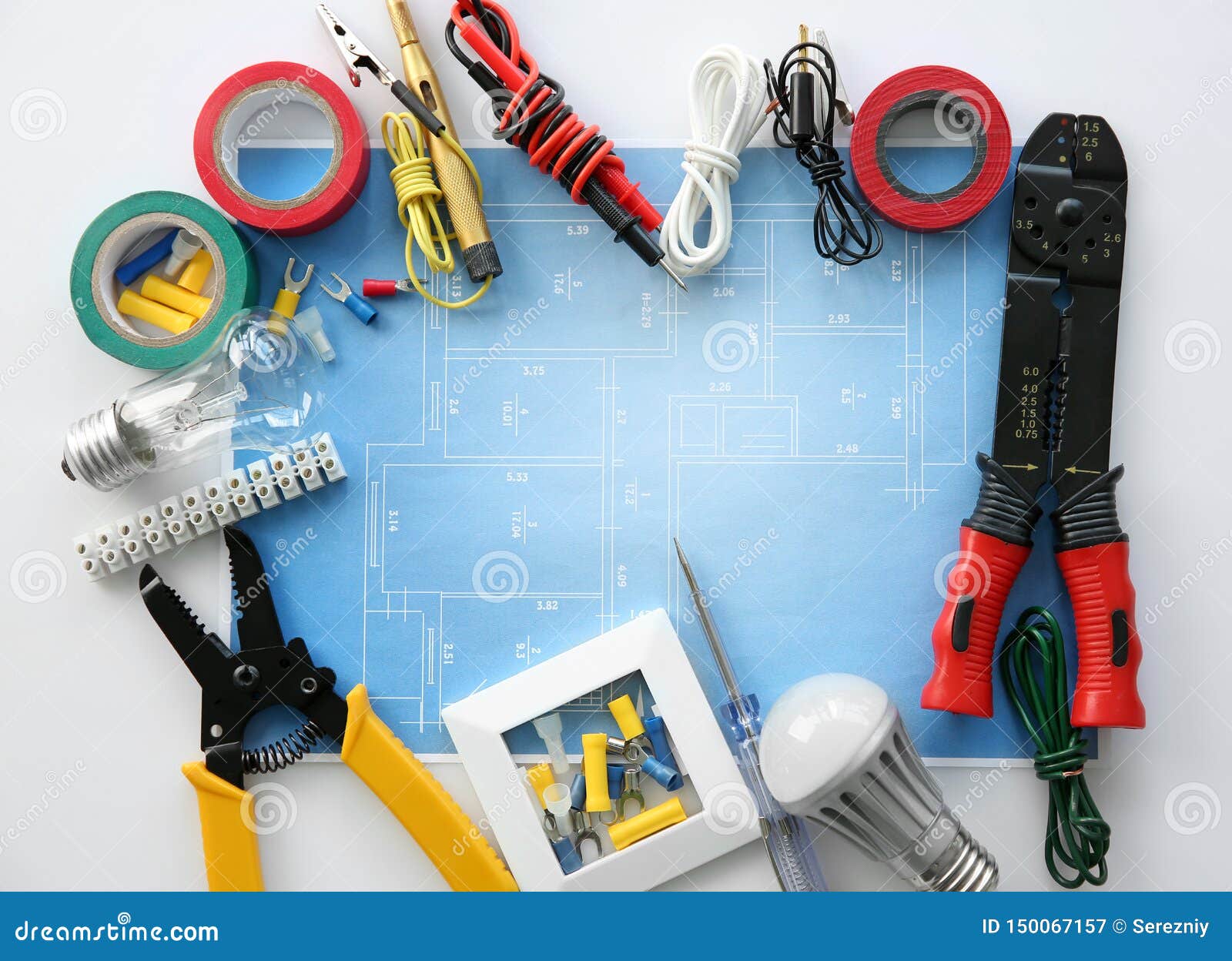 Electrician S Supplies with Electrical Scheme on White Background Stock ...