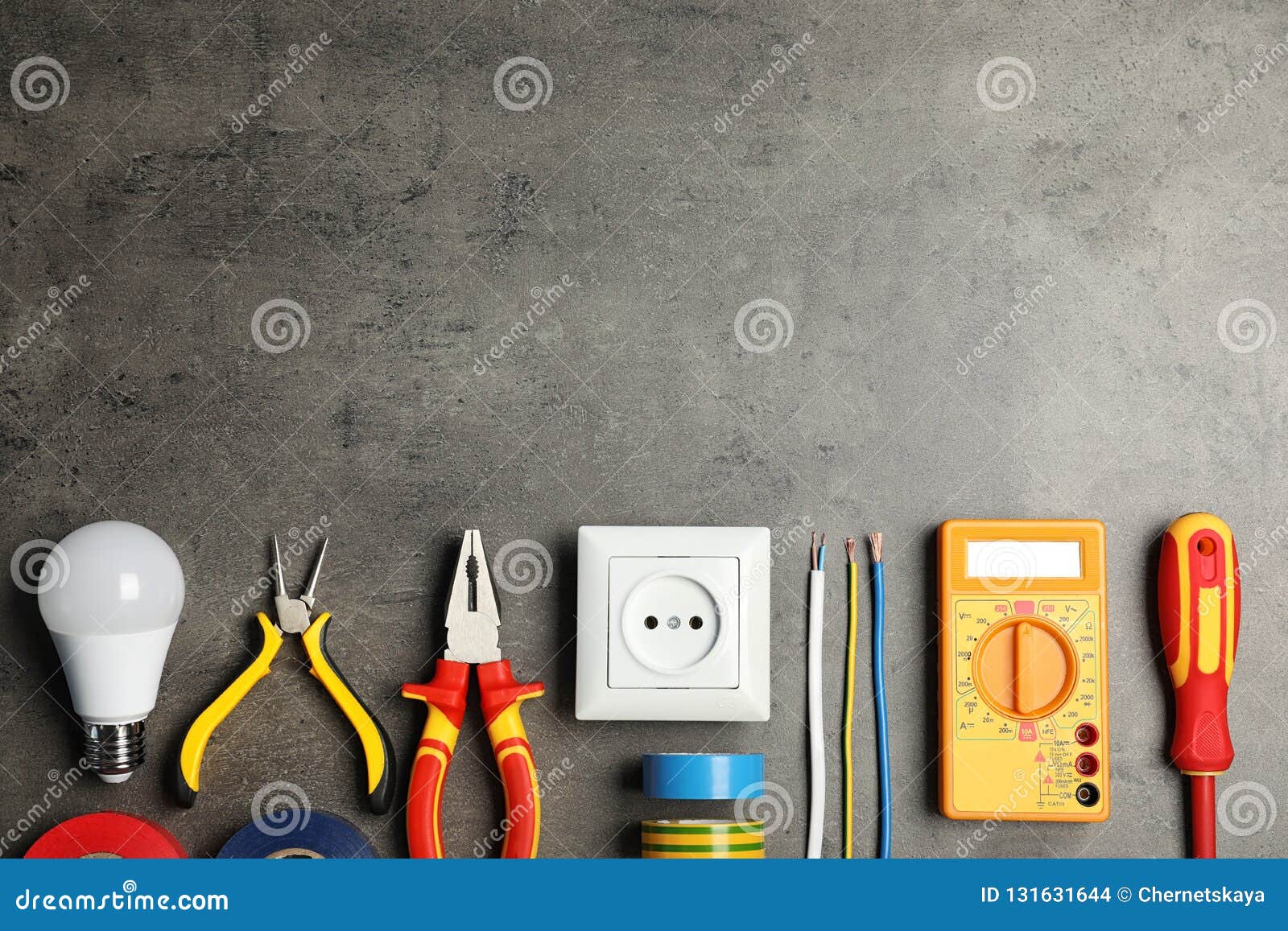 Electrician`s Tools and Space for Text on Gray Background Stock Photo ...